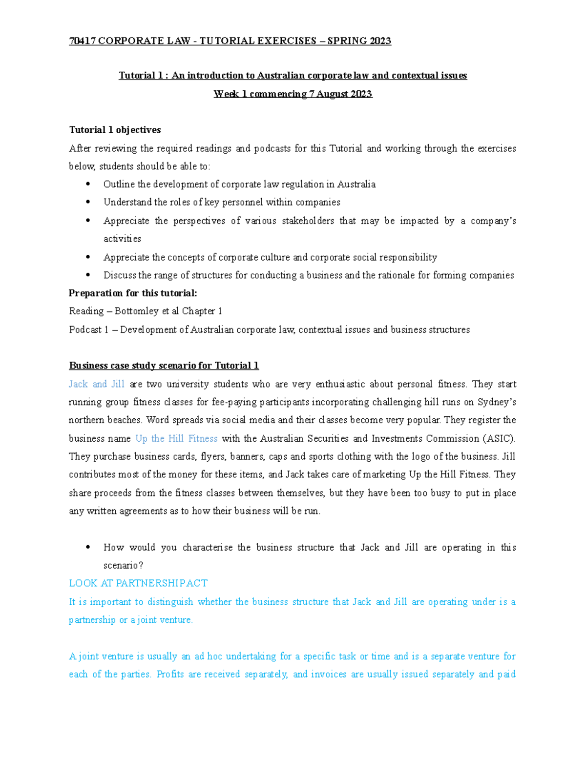 70417 Corporate LAW Tutorials - Tutorial 1 : An introduction to ...