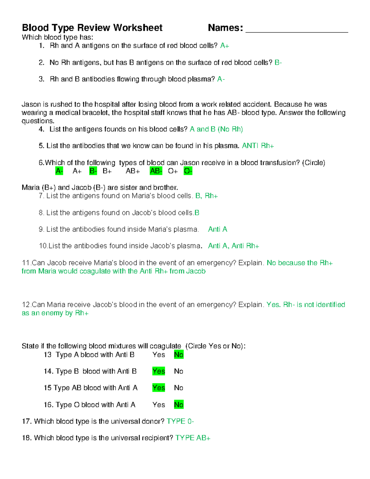Blood Type Review Worksheet for Biology 101: Key Concepts and Q&A - Studocu