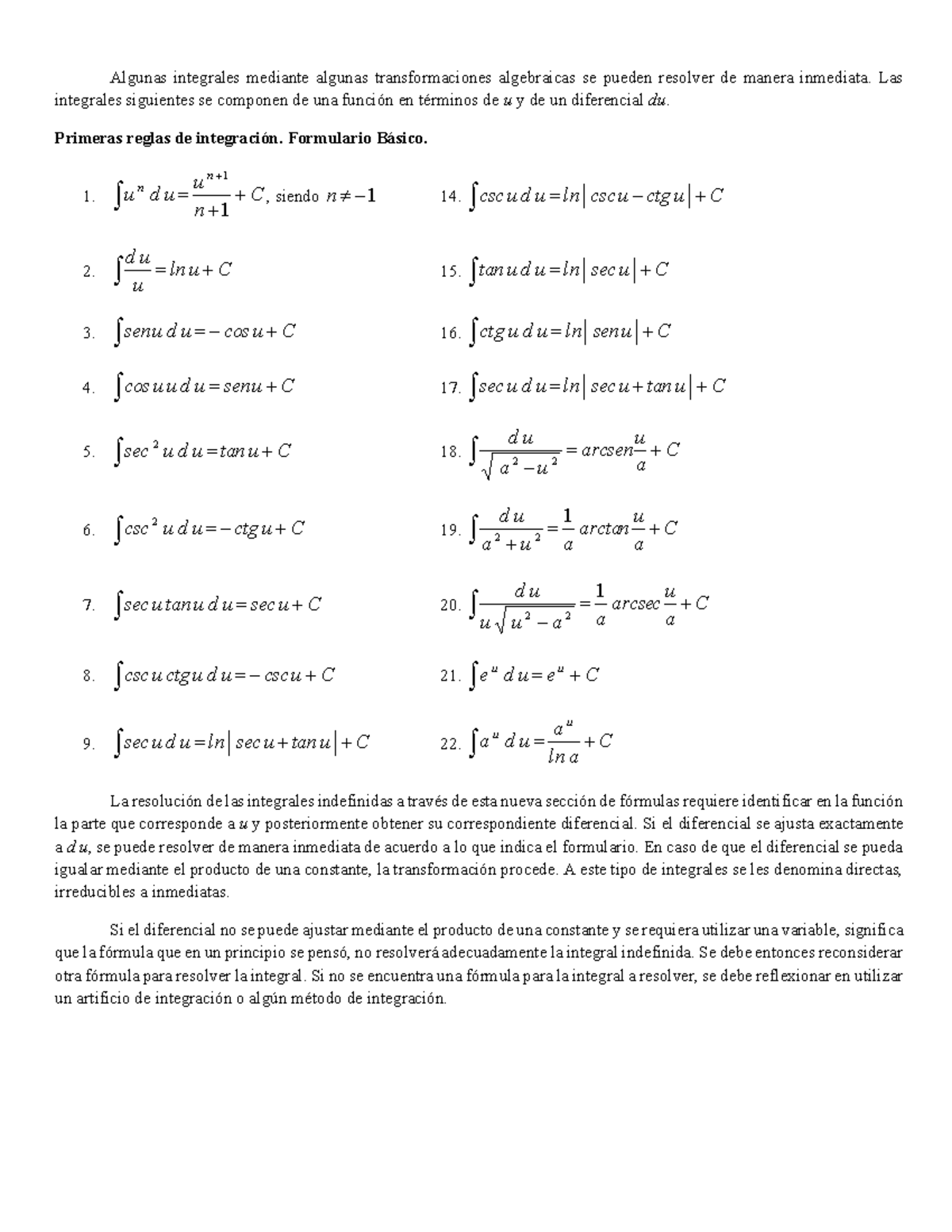 Apunte Formulario de Integral - Algunas integrales mediante algunas transformaciones algebraicas ...