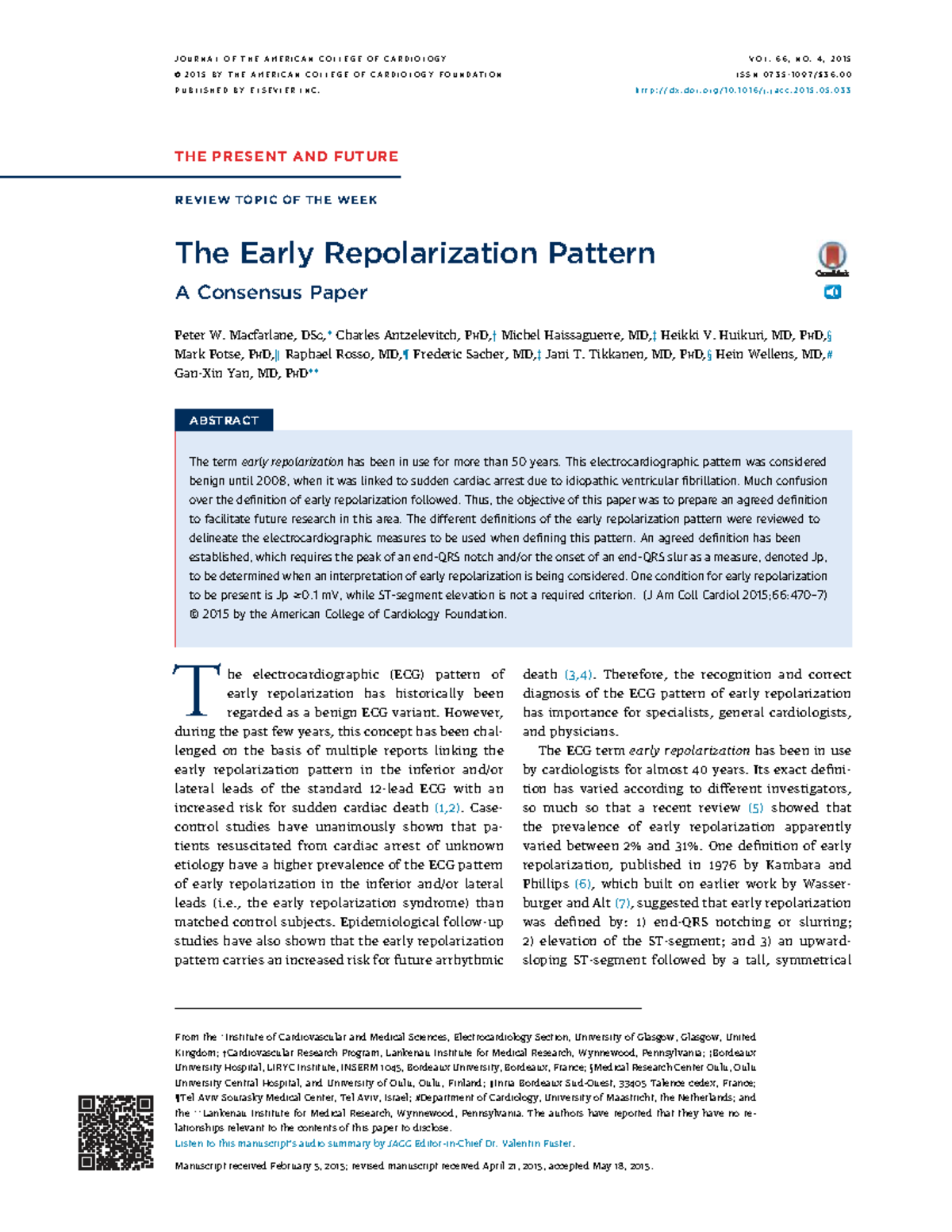 JACC 2015: The Early Repolarization Pattern - A Consensus Review - Studocu