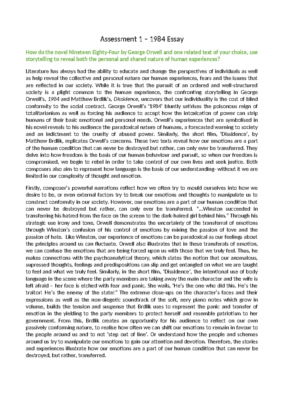 1984 Essay: Exploring Freedom & Human Experience in Literature - Studocu