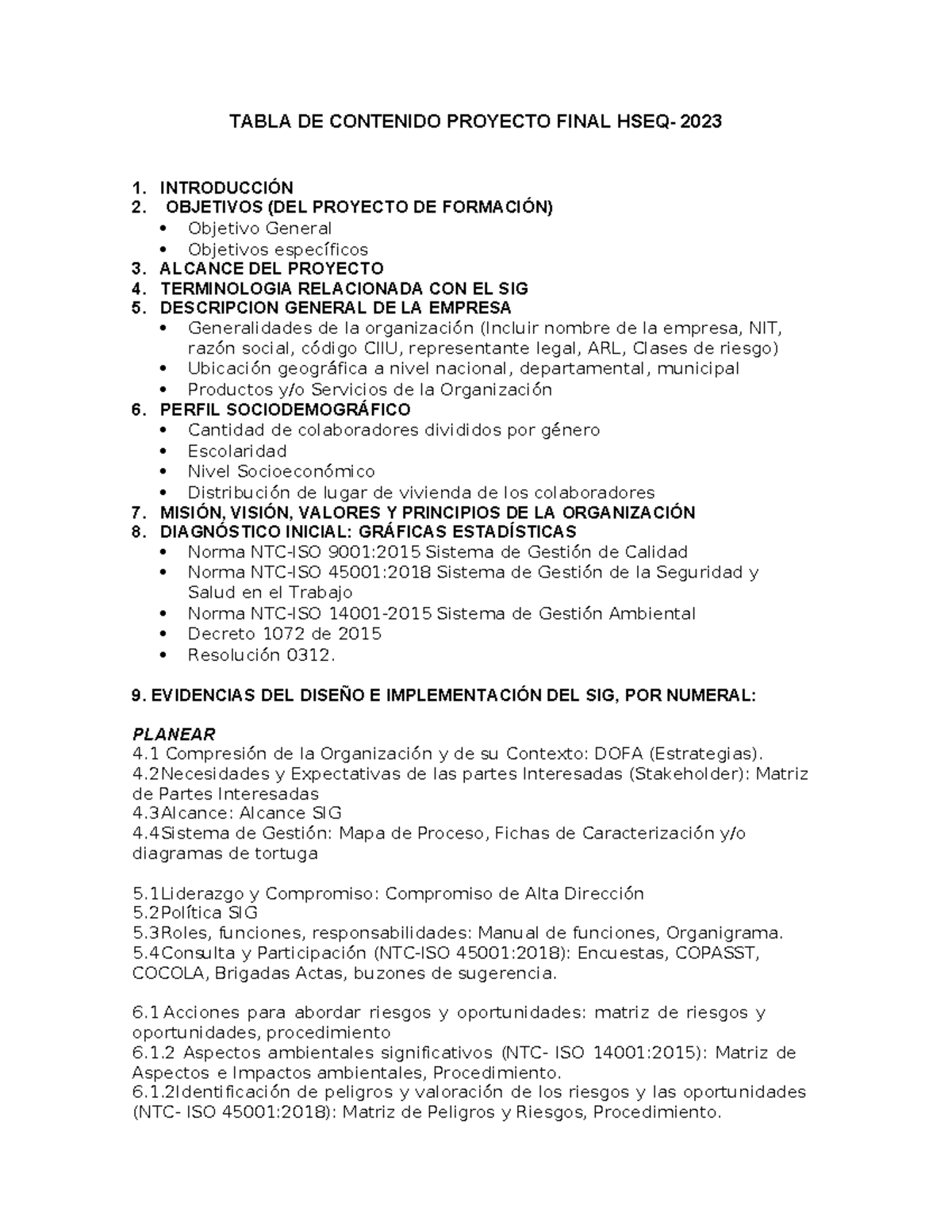 Contenido del Proyecto Final HSEQ 2023 - Análisis y Diseño del SIG - Studocu