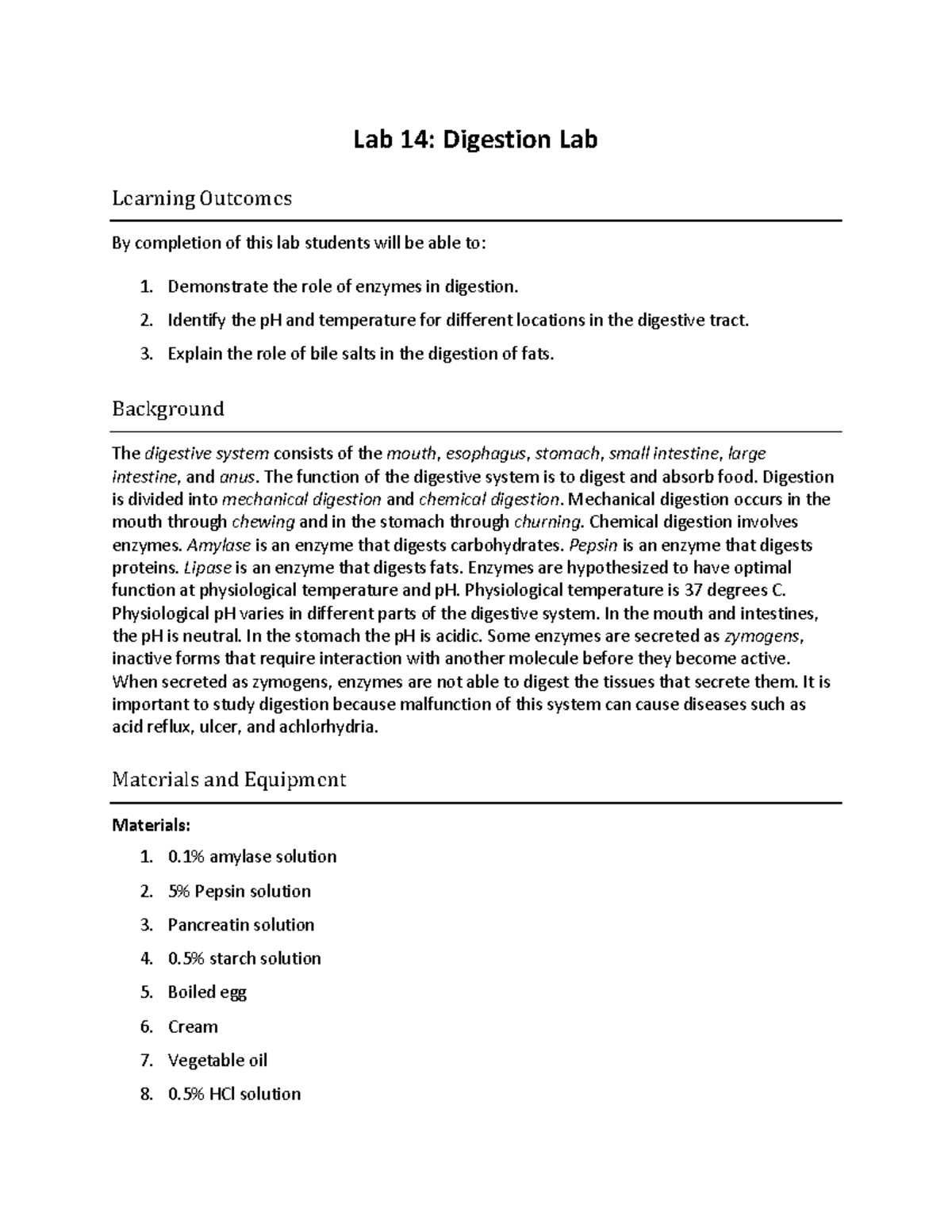 BIO235L Lab 14 - digestive system lab - Lab 14: Digestion Lab Learning ...