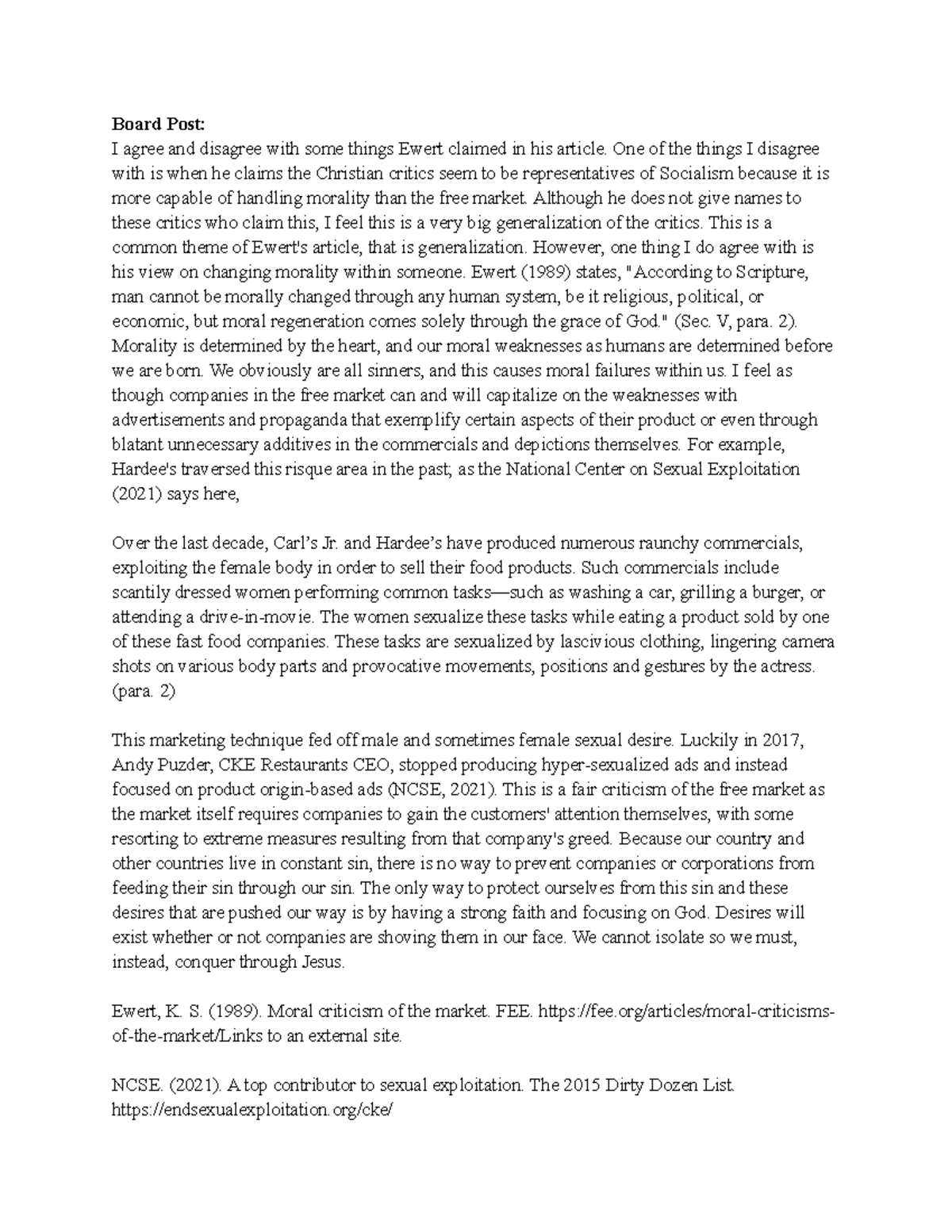 Moral Critique of Free Market Practices: Discussion on Ewert's Claims ...