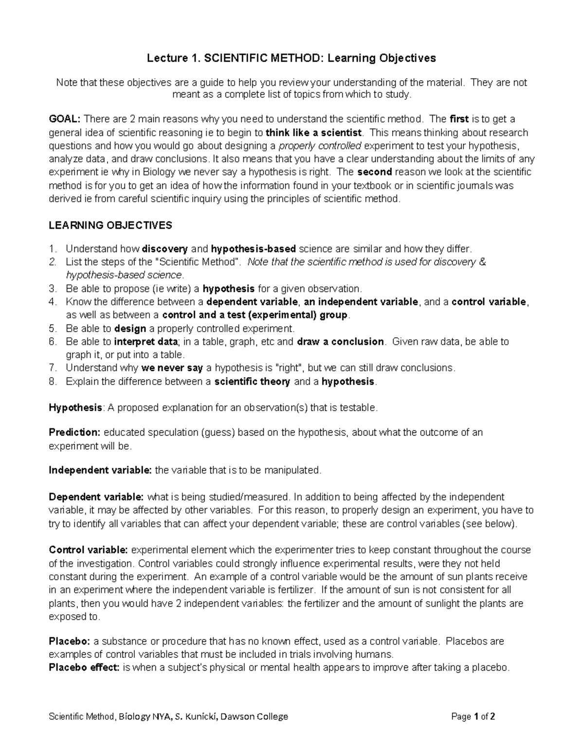 1. Scientific Method Objectives - Lecture 1. SCIENTIFIC METHOD ...