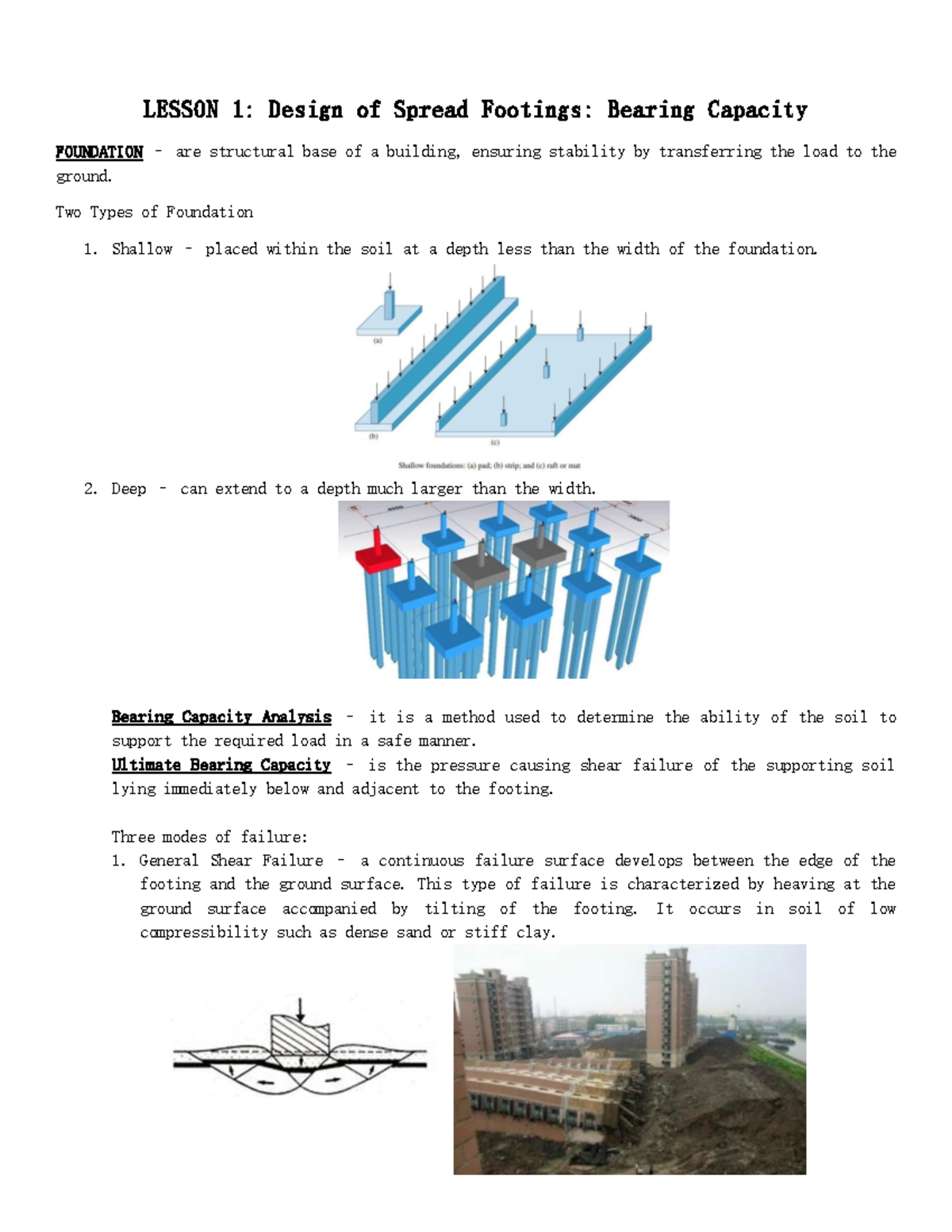 CE 302 - Terzaghi Bearing Capacity Lecture Notes - Lesson 1 - Studocu