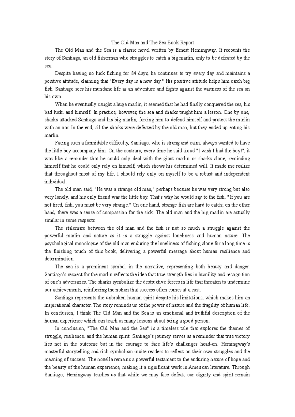 ENG 101: The Old Man and the Sea Book Report and Analysis - Studocu