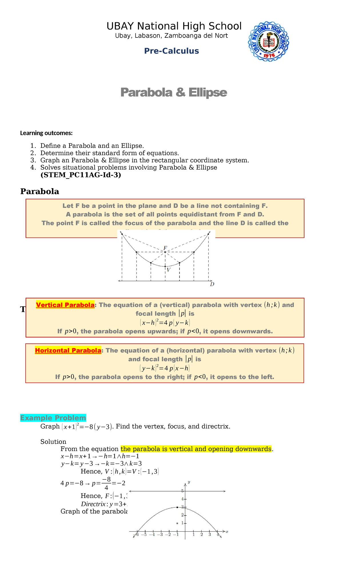 Parabola-Ellipse-1 - math - UBAY National High School Ubay, Labason ...