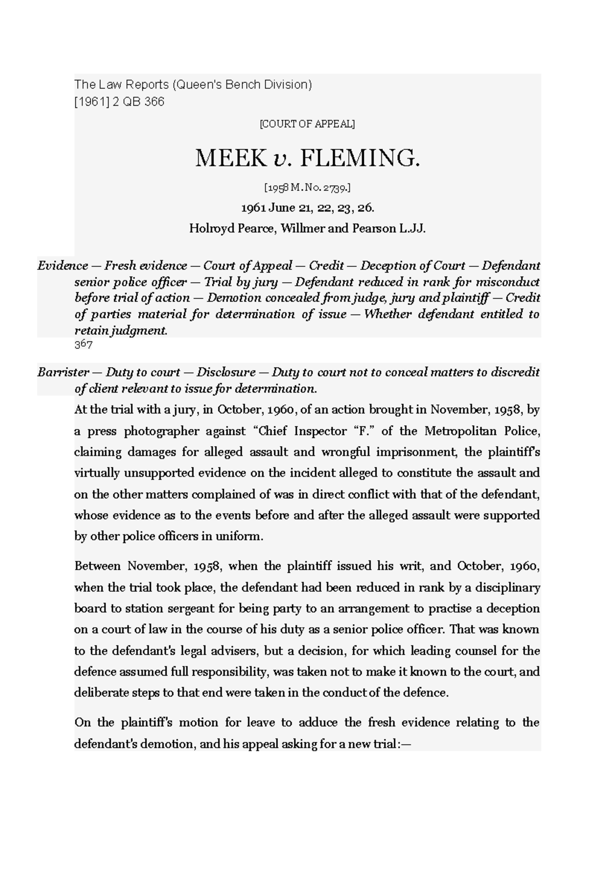 Meek v. Fleming: Court of Appeal Judgment on Fresh Evidence and ...