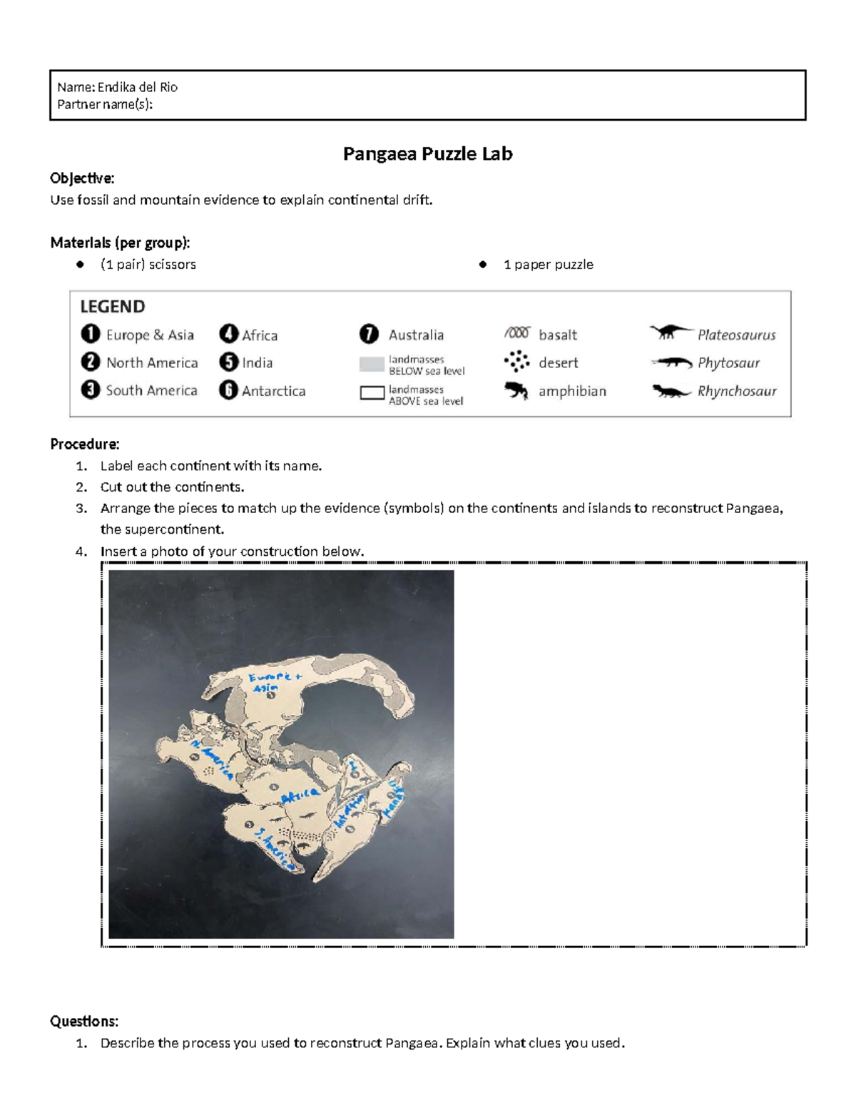 Pangaea Puzzle Lab: Exploring Continental Drift Evidence - Studocu