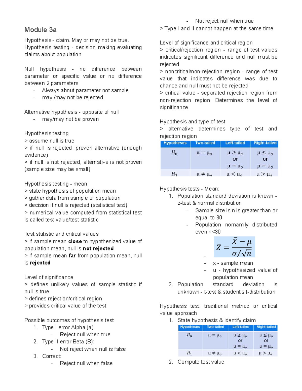 Module 3a-4b Hypothesis Testing: Claims, Errors, and Methods - Studocu