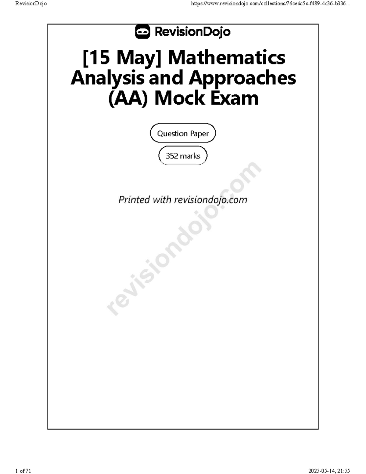 Mathematics Analysis and Approaches (AA) Mock Exam Paper P1QP - Studocu