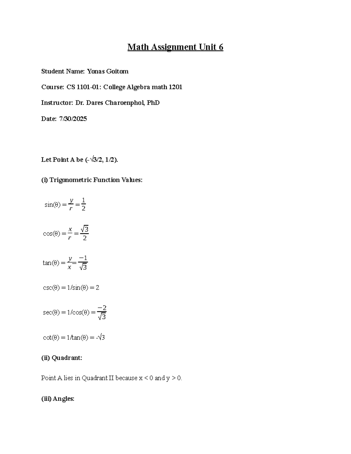 Math Assignment Unit 6: Trigonometric Functions & Applications (MATH ...