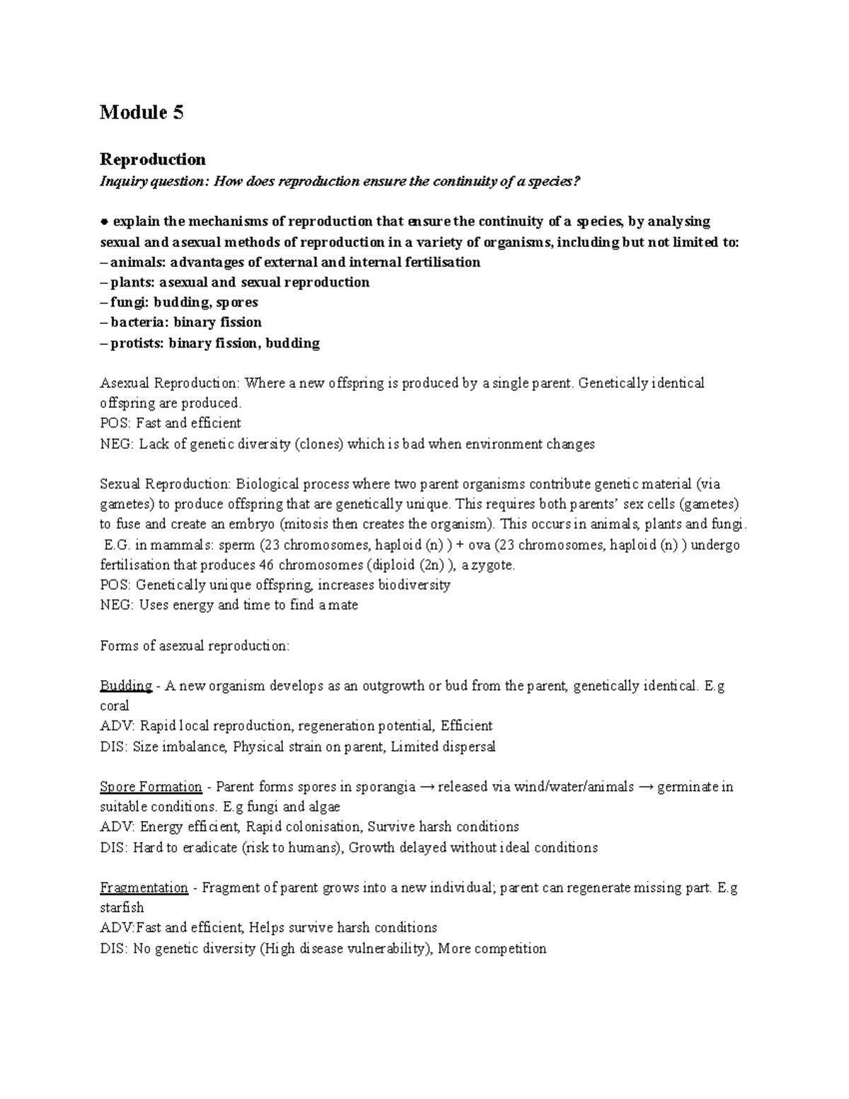 Bio HSC Trial Prep: Reproduction, Cell Division & Genetic Variation ...