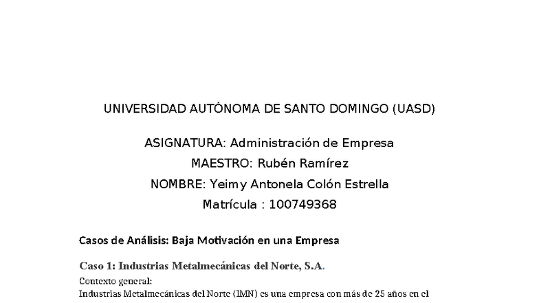 Casos de Análisis: Baja Motivación en Empresas - Yeimy Colón (UASD ...