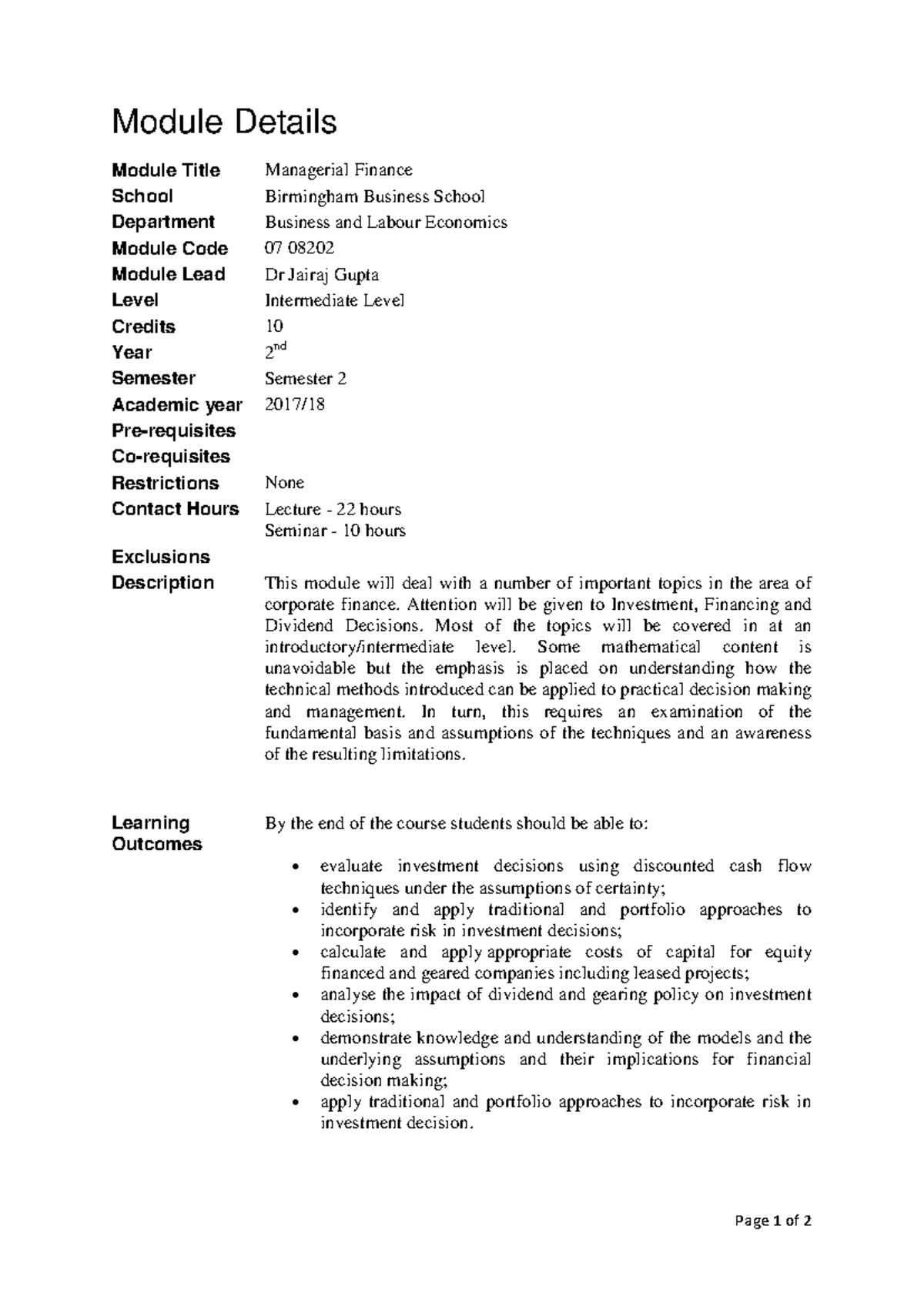 Module Descriptor-0708202 - Page 1 of 2 Module Details Module Title ...