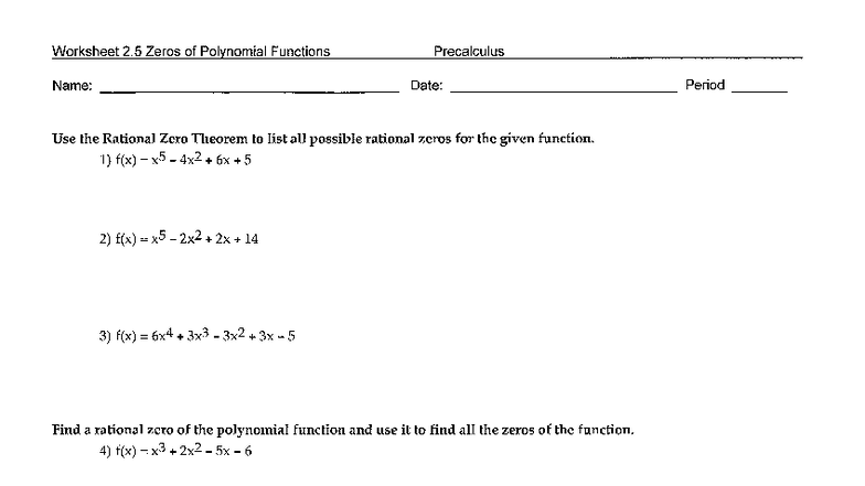 Precalculus Worksheet 2.5: Zeros of Polynomial Functions - Studocu