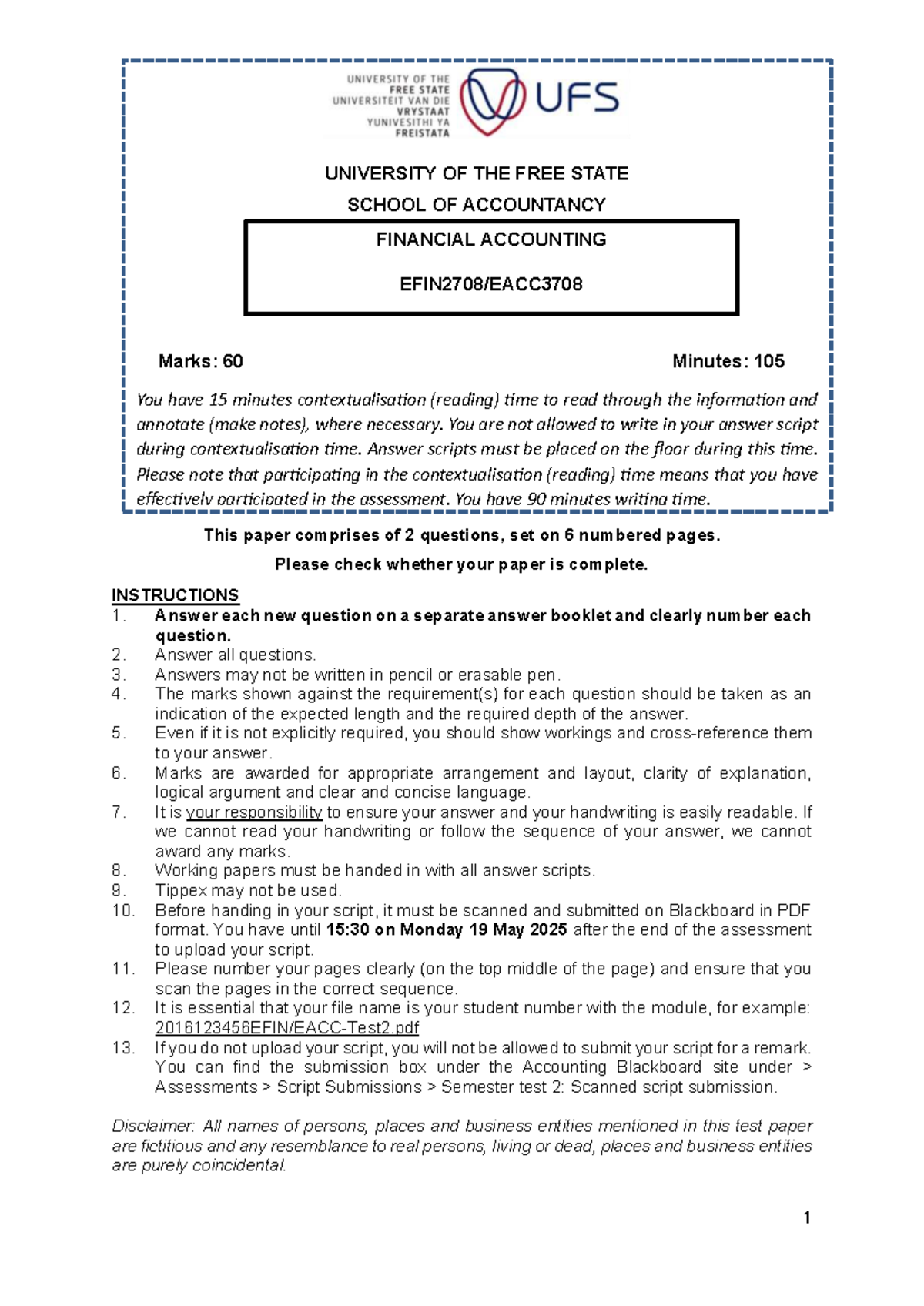 EFIN2708EACC3708 Test 2 - Financial Accounting 2024 Guidelines and ...