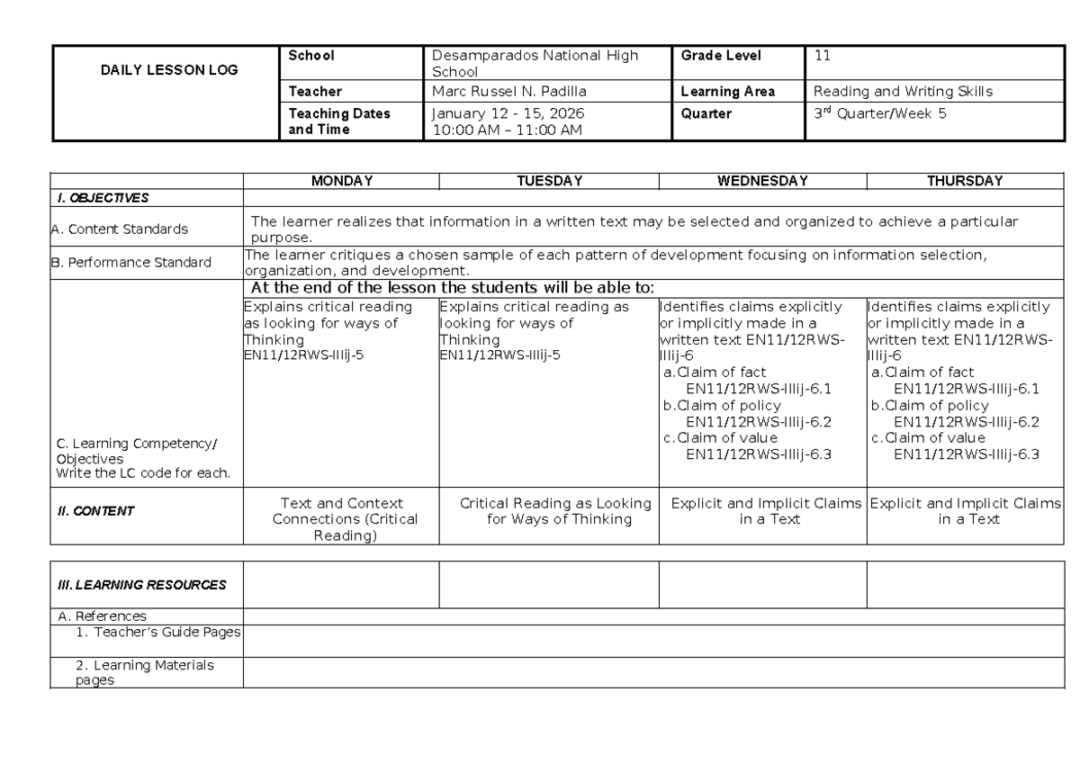 DLL RAWS Q3 Week 5 Lesson Plan - Grade 11 - Studocu