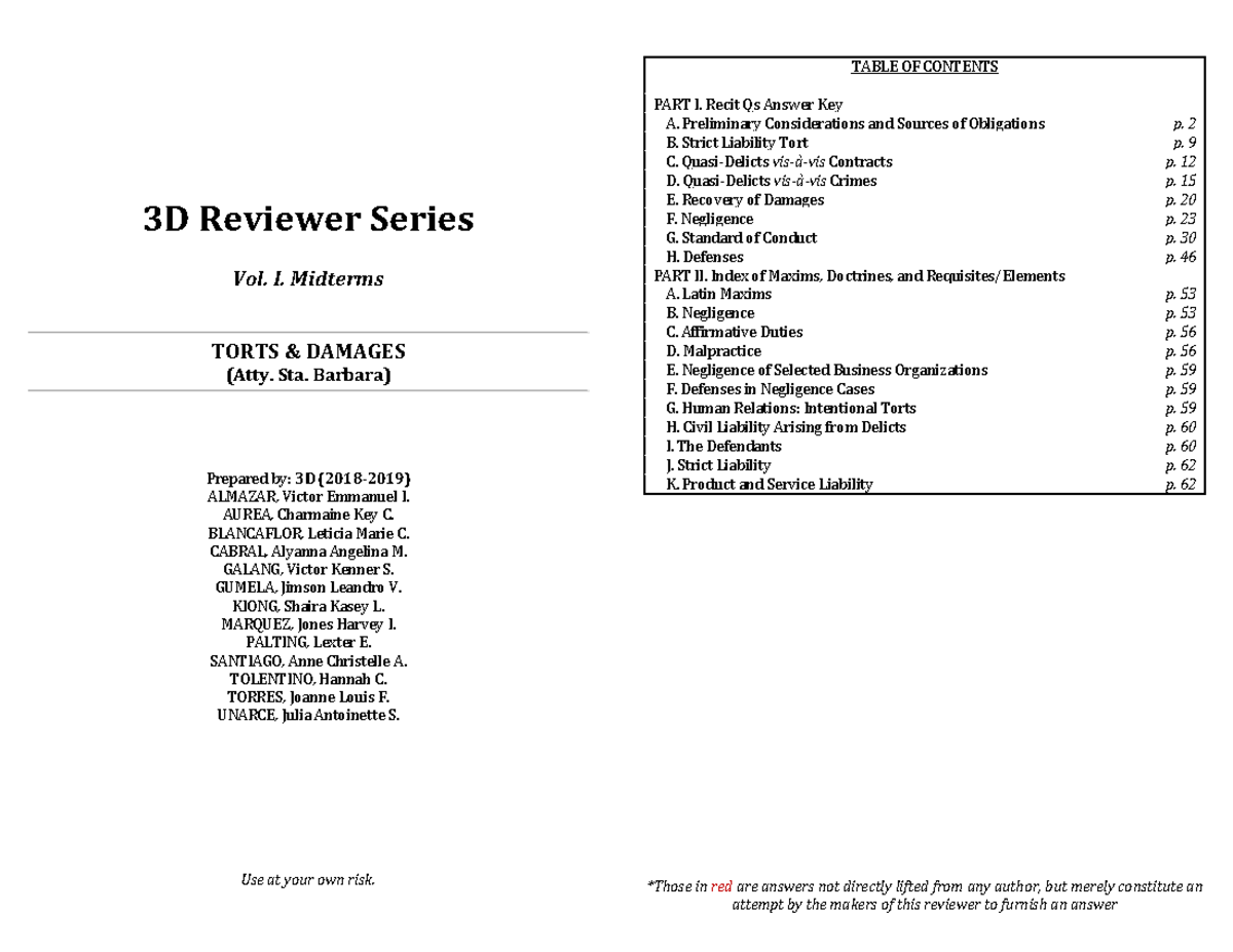 3D 1819 Torts Midterm Reviewer: Key Concepts and Answer Key - Studocu