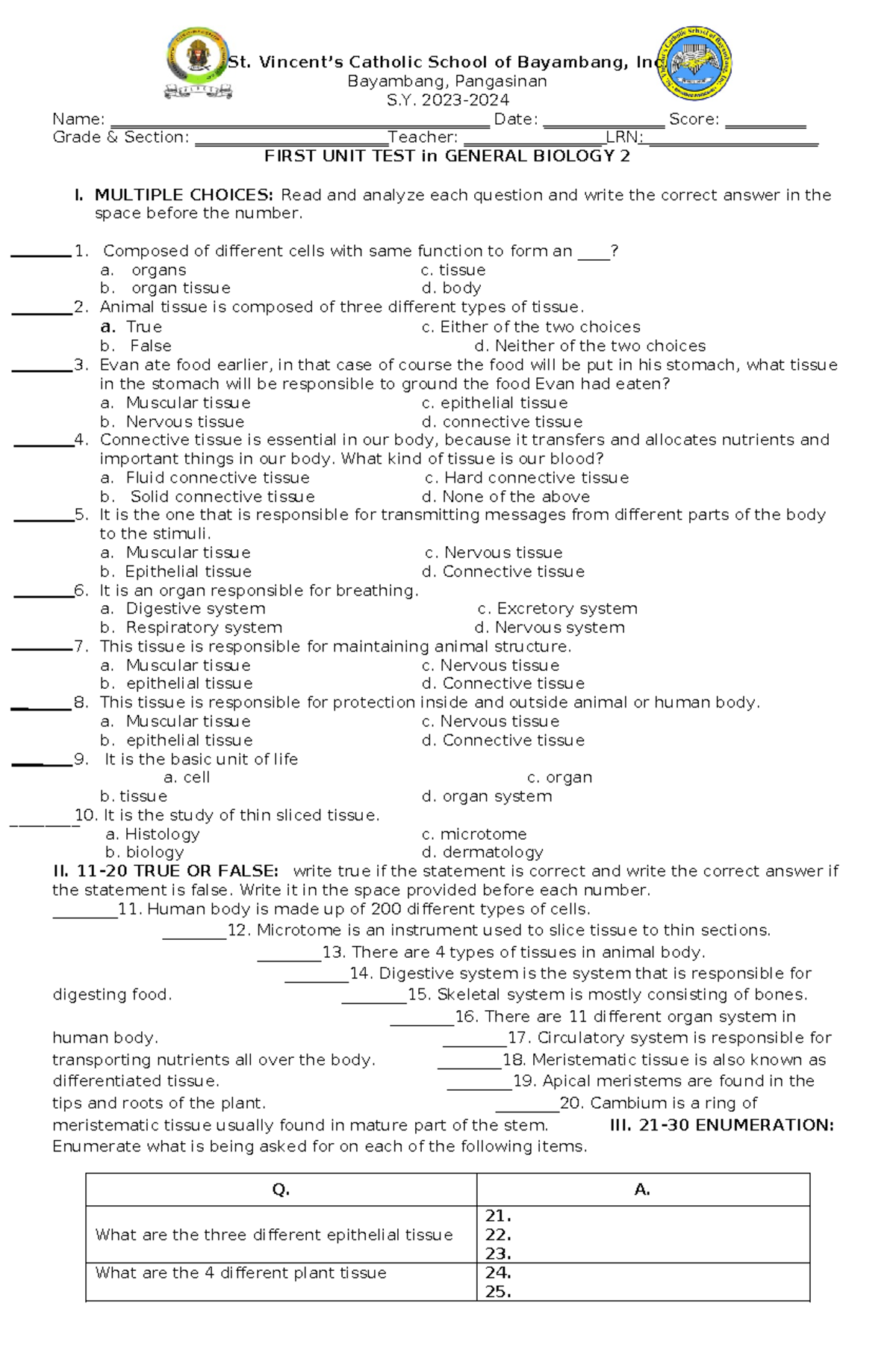 GEN-BIO-1-2Q-1ST UNIT TEST: Multiple Choice & True/False Questions ...