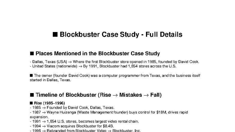 Blockbuster Case Study: Rise, Fall, and Key Events - Studocu