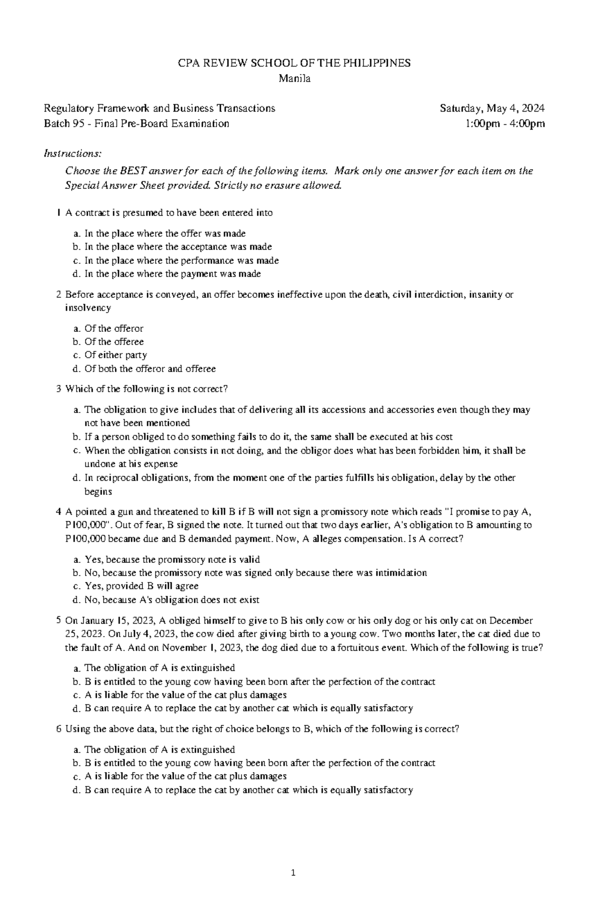 RFBT Final Preboard B95 Questionnaire - Regulatory Framework and Business Transactions Saturday ...