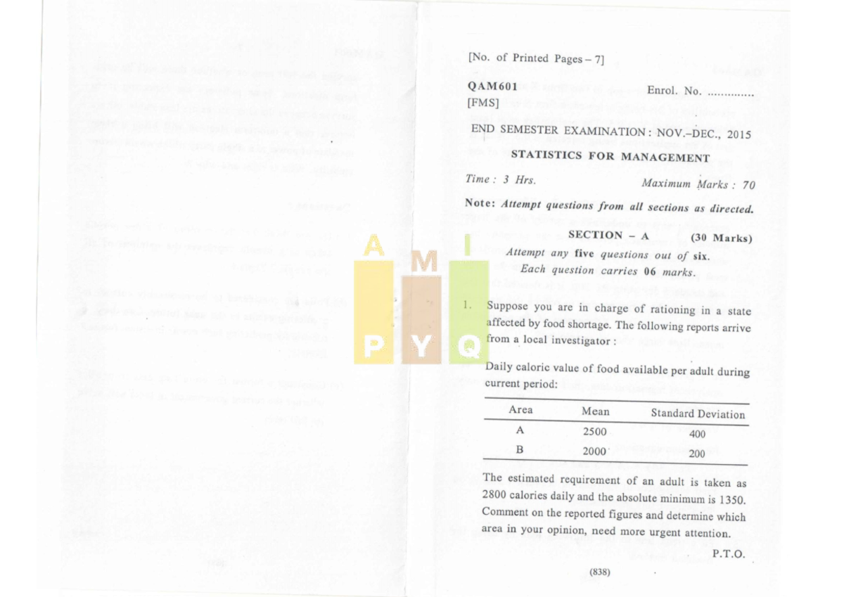 Statistics for Management: QAM601 End Semester Exam 2015 - Studocu