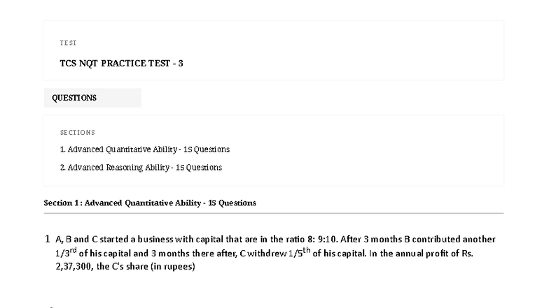 TCS NQT PRACTICE TEST 3: Solutions for Quantitative & Reasoning Ability ...