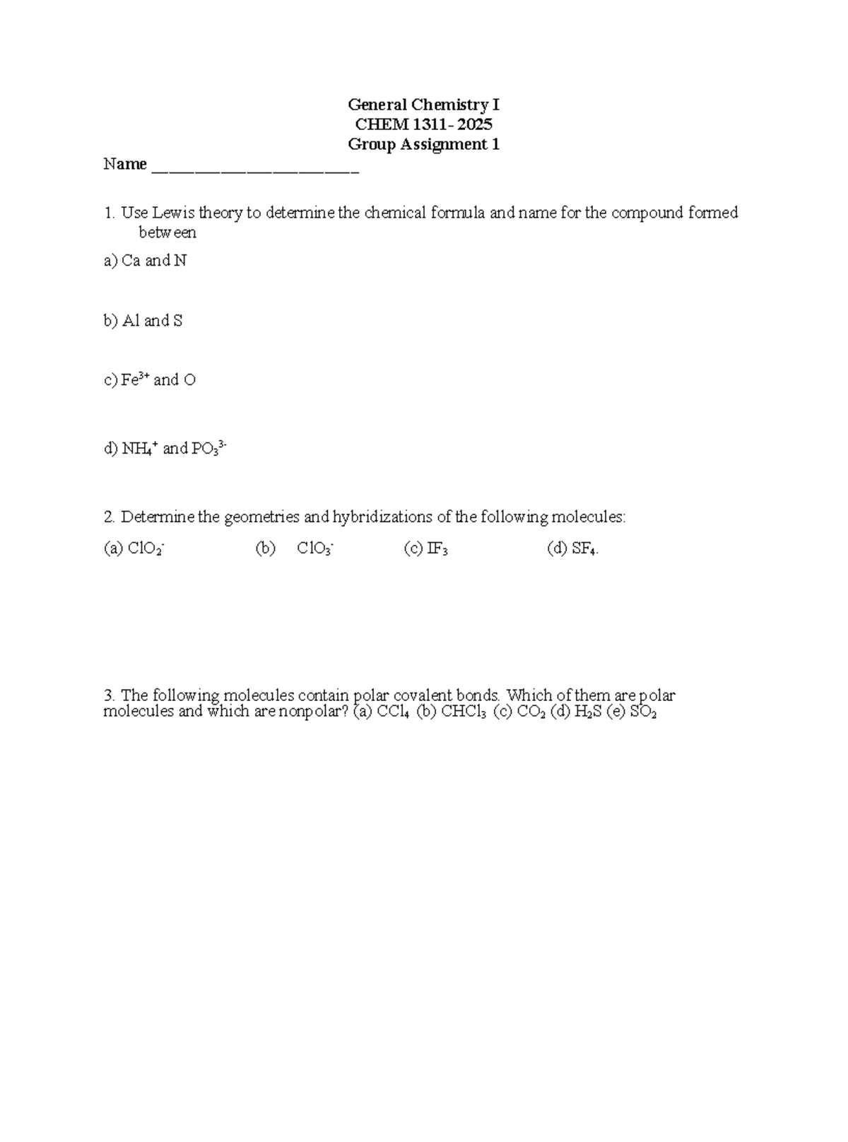Group Assignment 1: General Chemistry I CHEM 2025 Analysis and ...