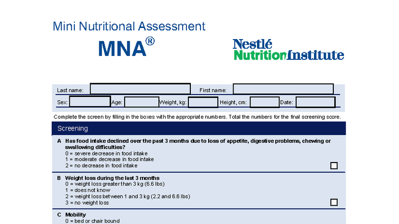 MNA Nutritional Assessment: Screening for Malnutrition - Studocu