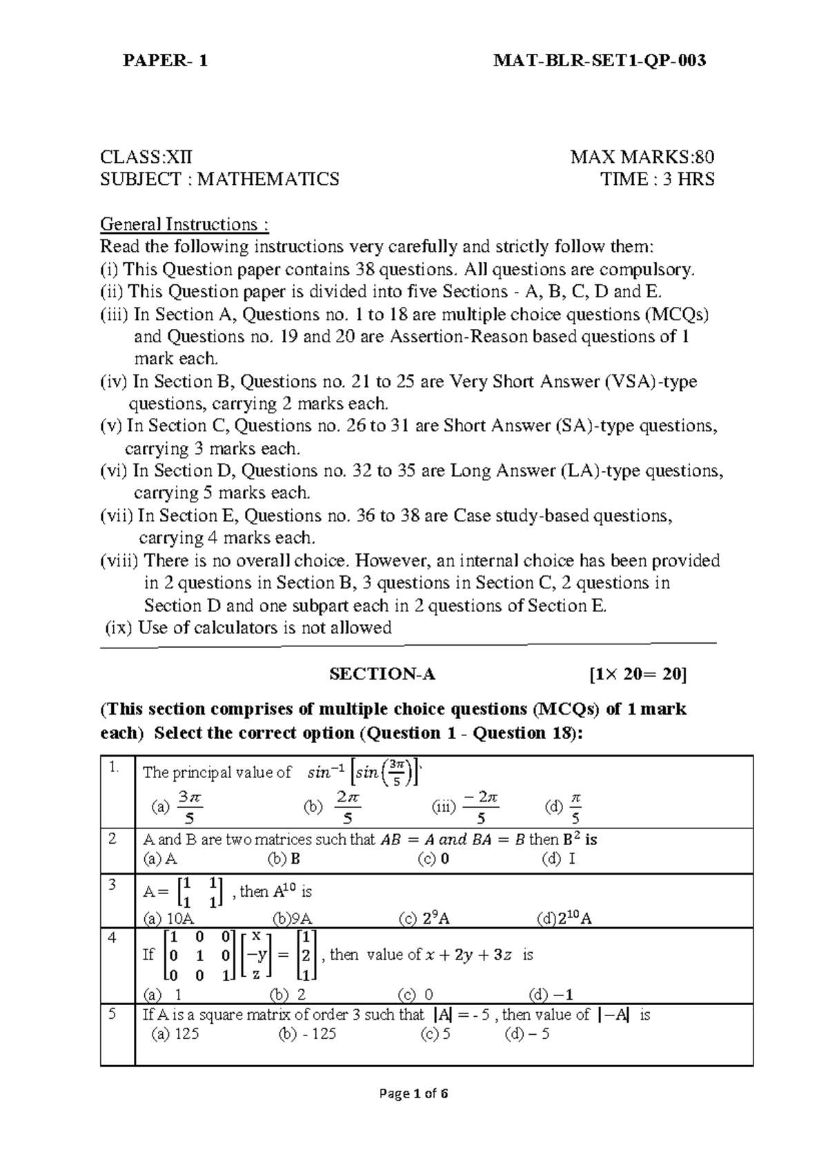 MAT XII Mathematics Preboard Exam - Max Marks 80, 3 Hours - Studocu