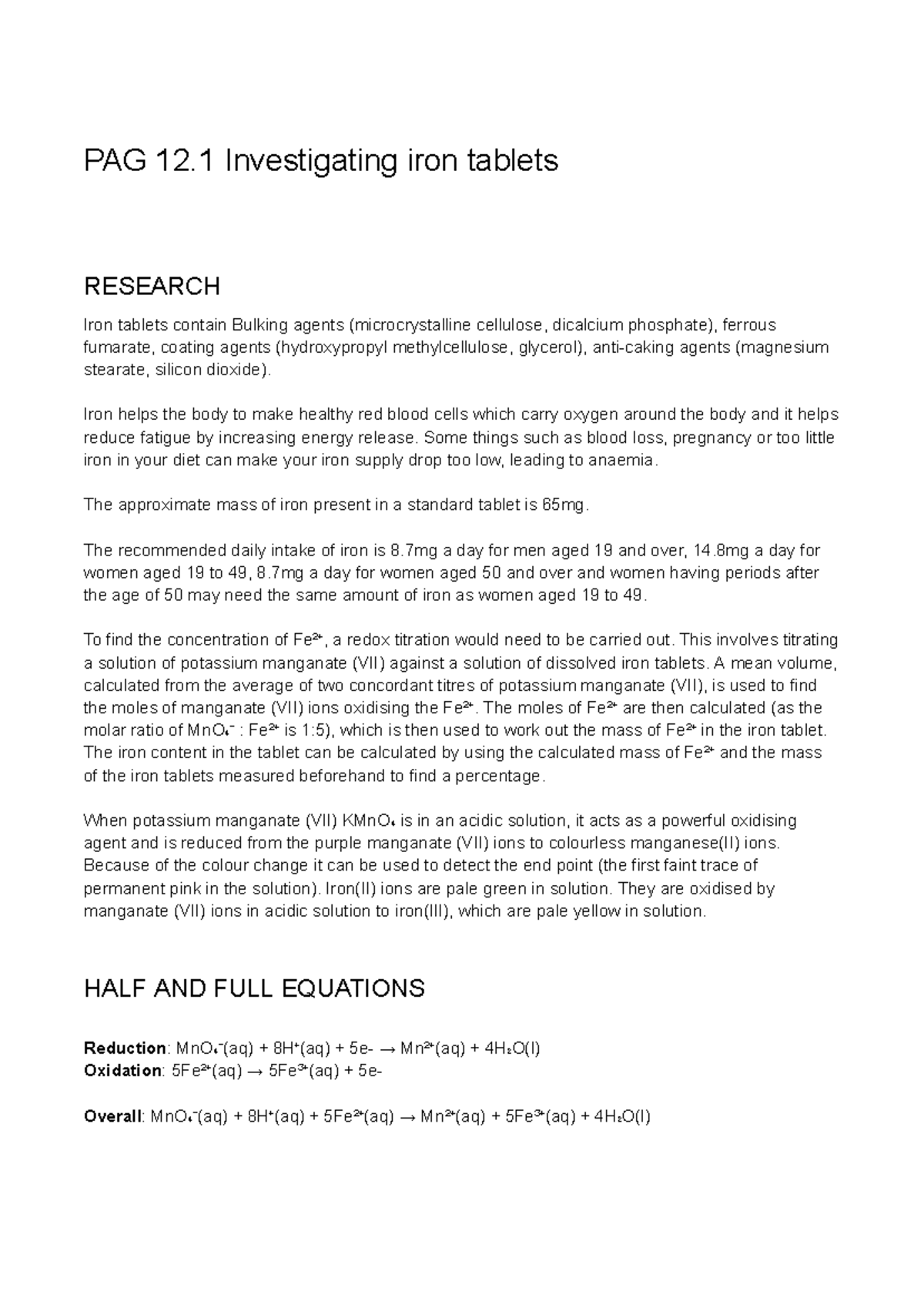 PAG 12.1 Research Plan: Investigating Iron Tablets and Titration - Studocu