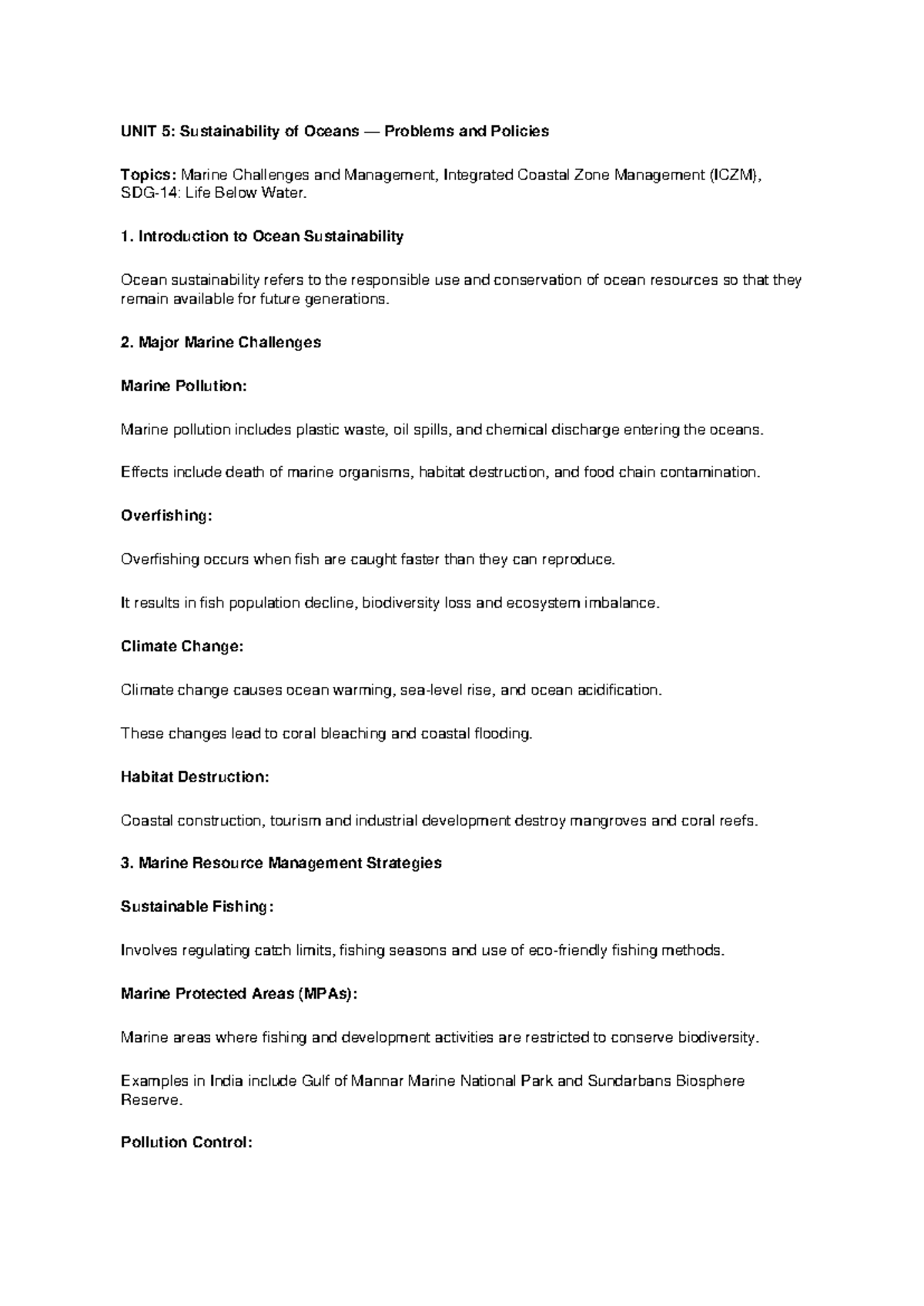 Unit 5: Sustainability of Oceans - Study Material on Marine Challenges ...