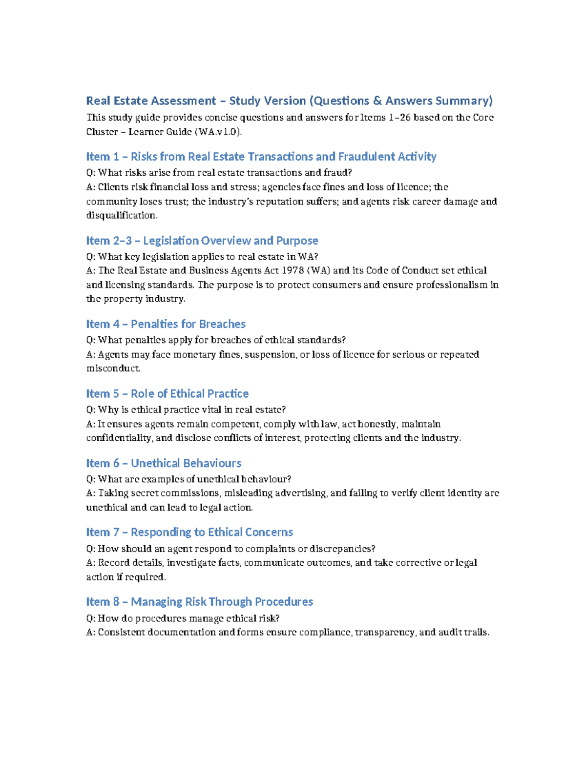 Real Estate Assessment Study Guide WA (Items 1-26 Summary) - Studocu