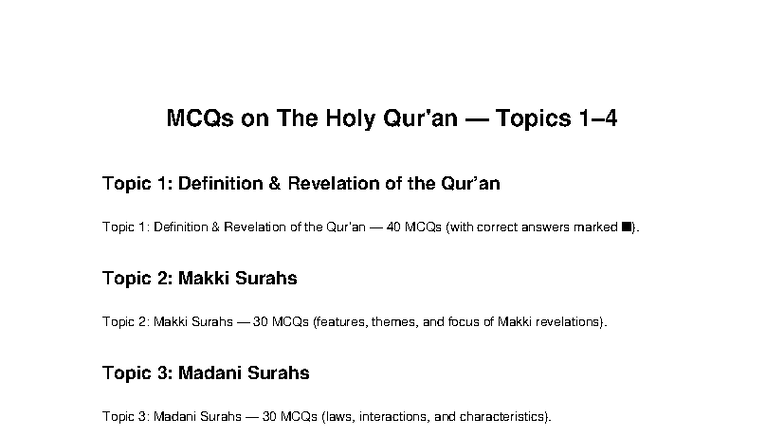 MCQs on Holy Quran Compilation and Revelation - MCQs on The Holy Qur'an ...