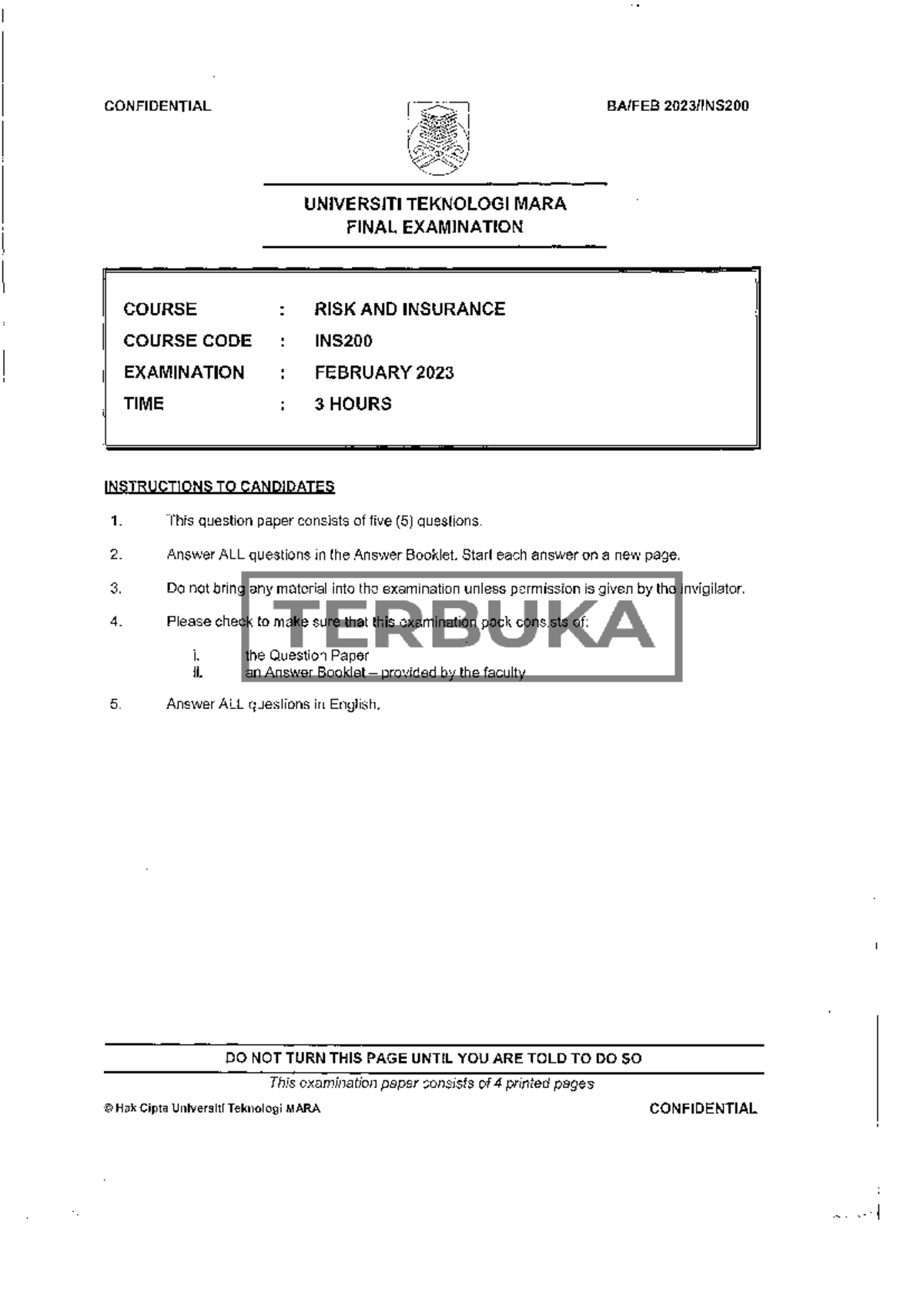 INS200 Final Exam Paper: Risk and Insurance - February 2023 - Studocu