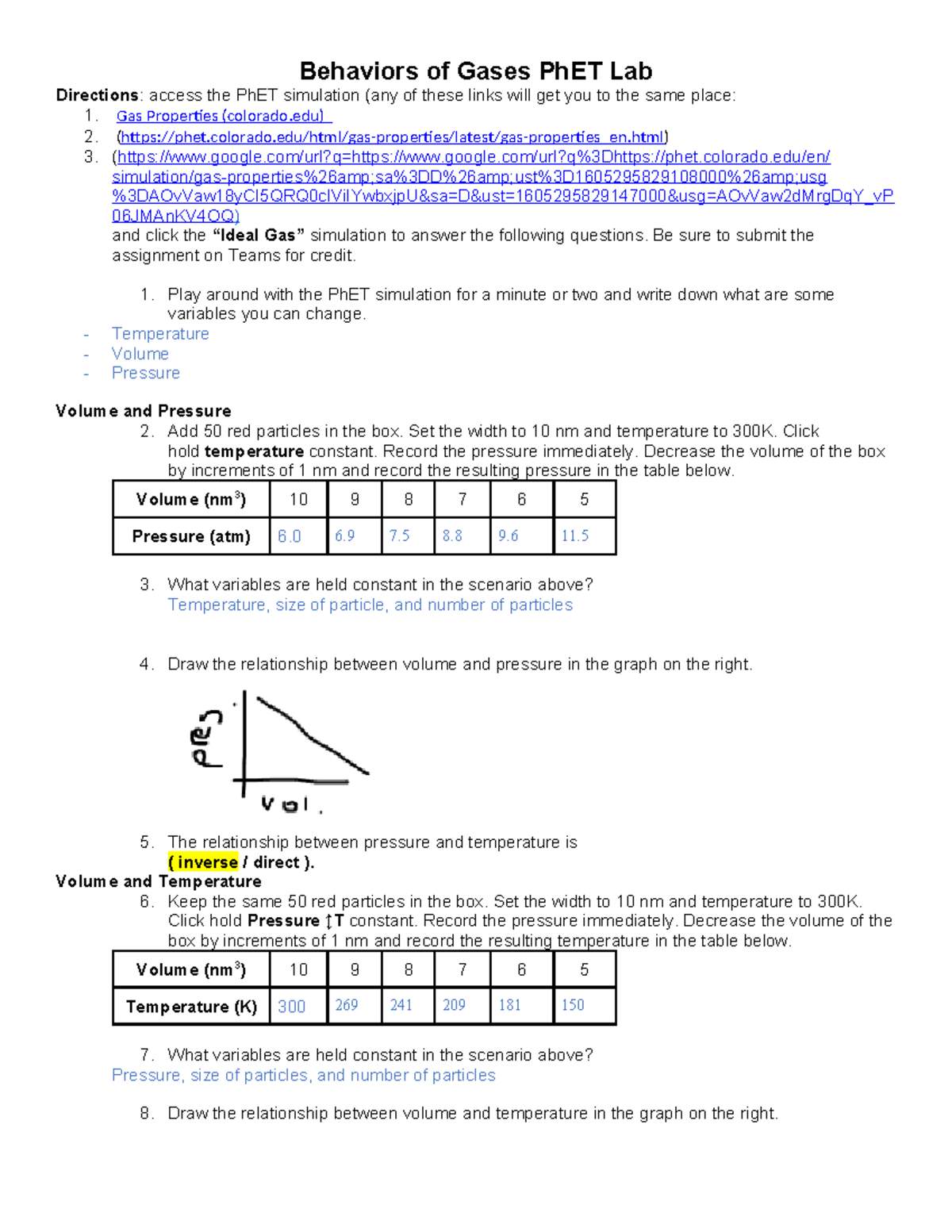Behaviors of Gases: PhET Lab Directions and Observations - Studocu