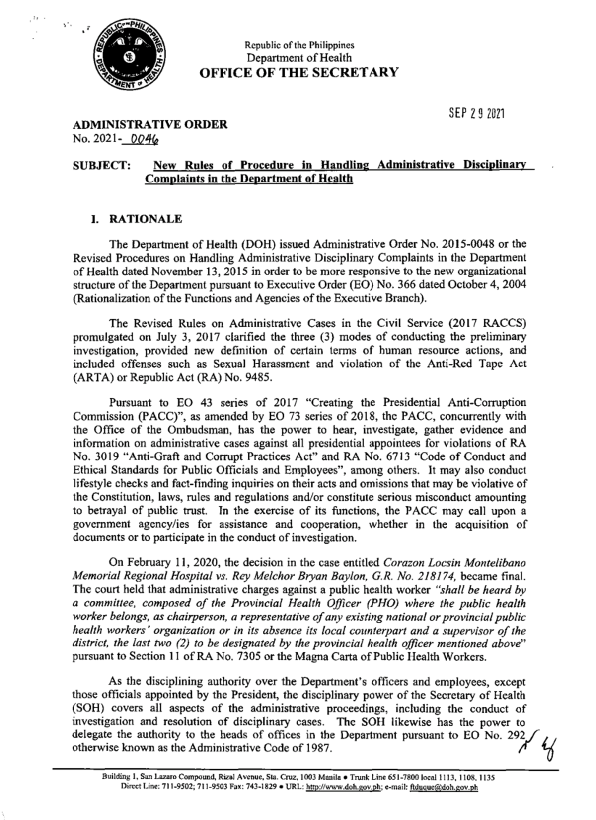 DOH Administrative Order 2021-0044 on Handling Disciplinary Complaints - Studocu