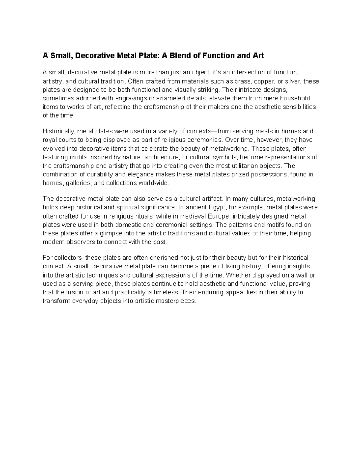 Decorative Metal Plates: Artistry and Functionality Explored - Studocu