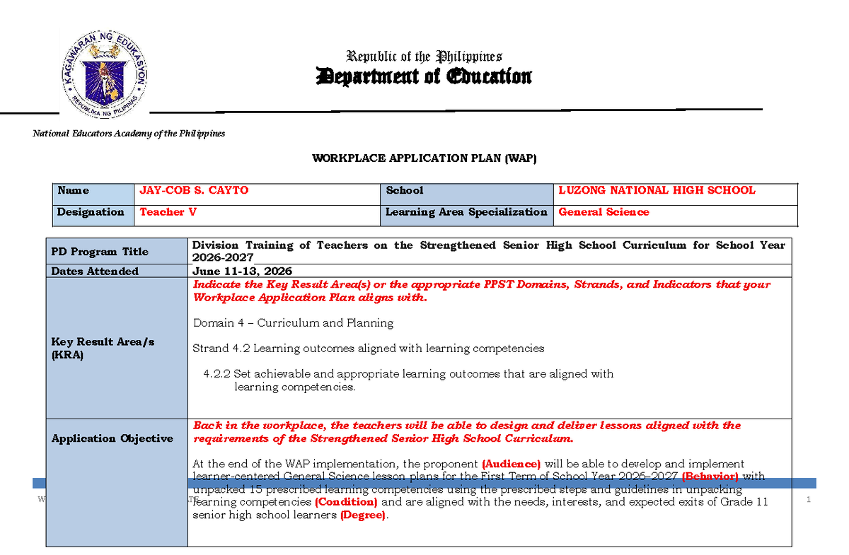 WAP for General Science: Strengthened SHS Curriculum Implementation ...