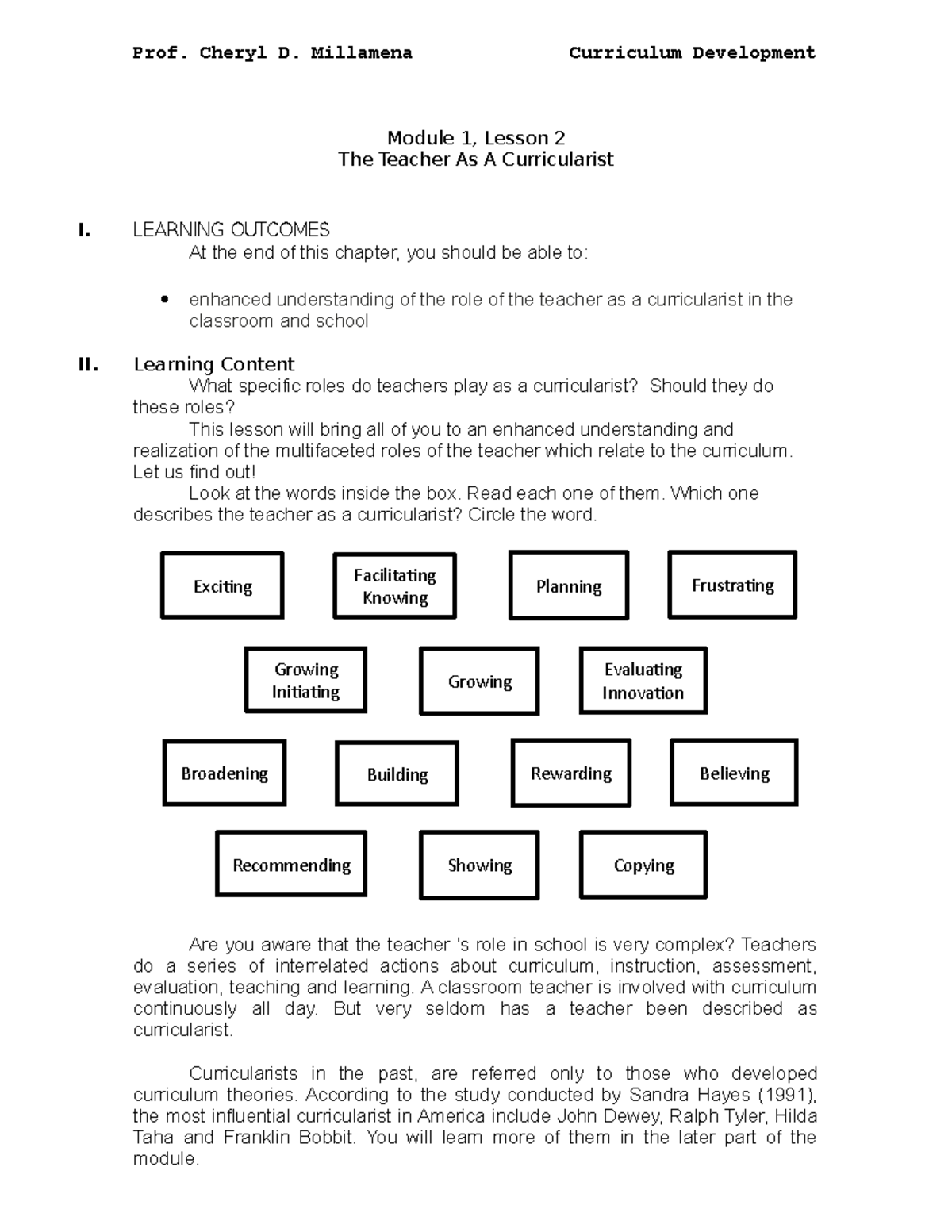 Module 2: The Teacher's Role as a Curricularist - Essay Notes - Studocu