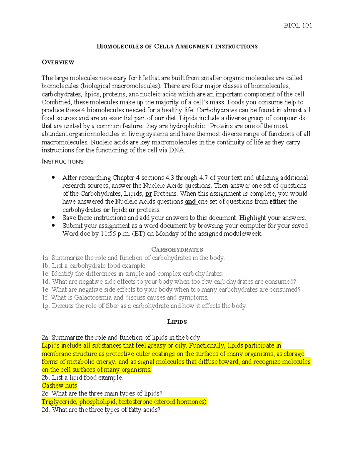 BIOL 101: Biomolecules of Cells Assignment Instructions and Overview ...
