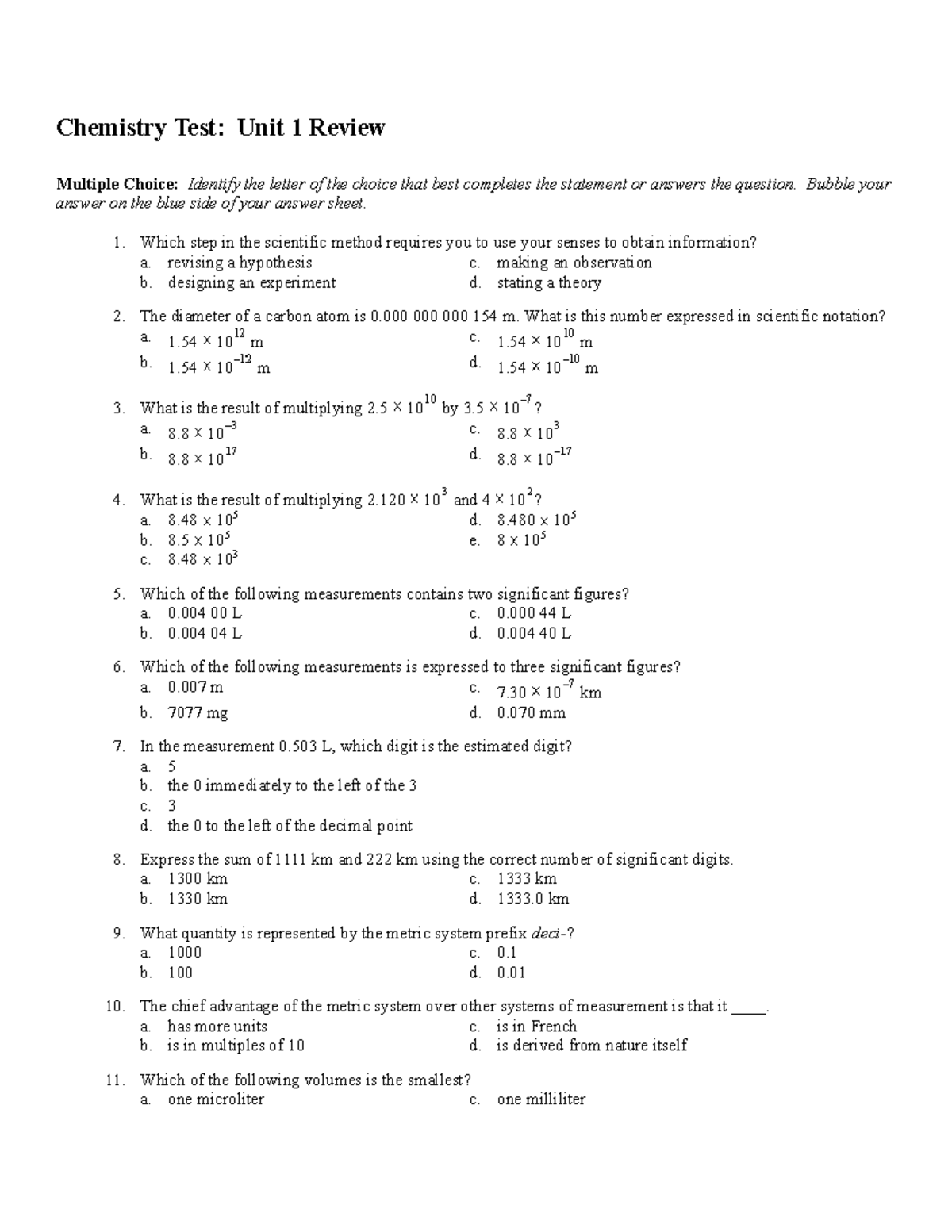 Chemistry 101: Unit 1 Test Review Answers and Guide - Studocu