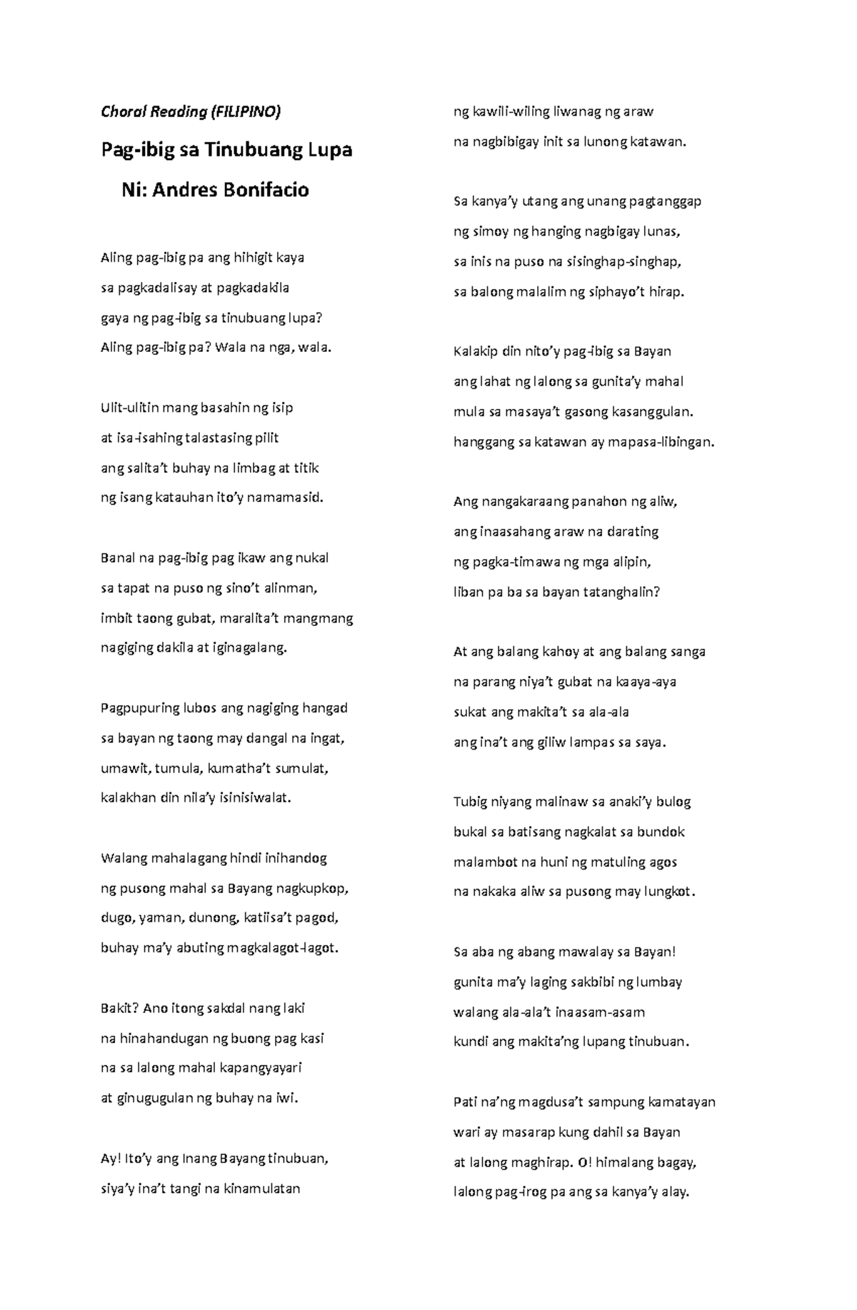 Choral Reading: Pag-ibig sa Tinubuang Lupa (FILIPINO) - Studocu