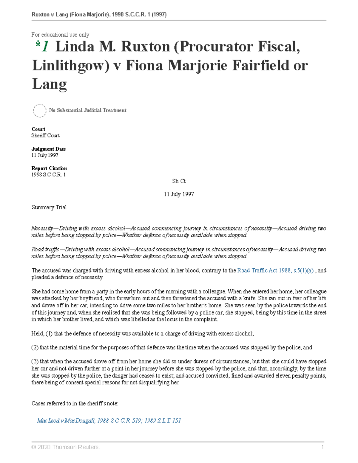 Ruxton v Lang: Necessity Defense in Driving Under the Influence Case - Studocu