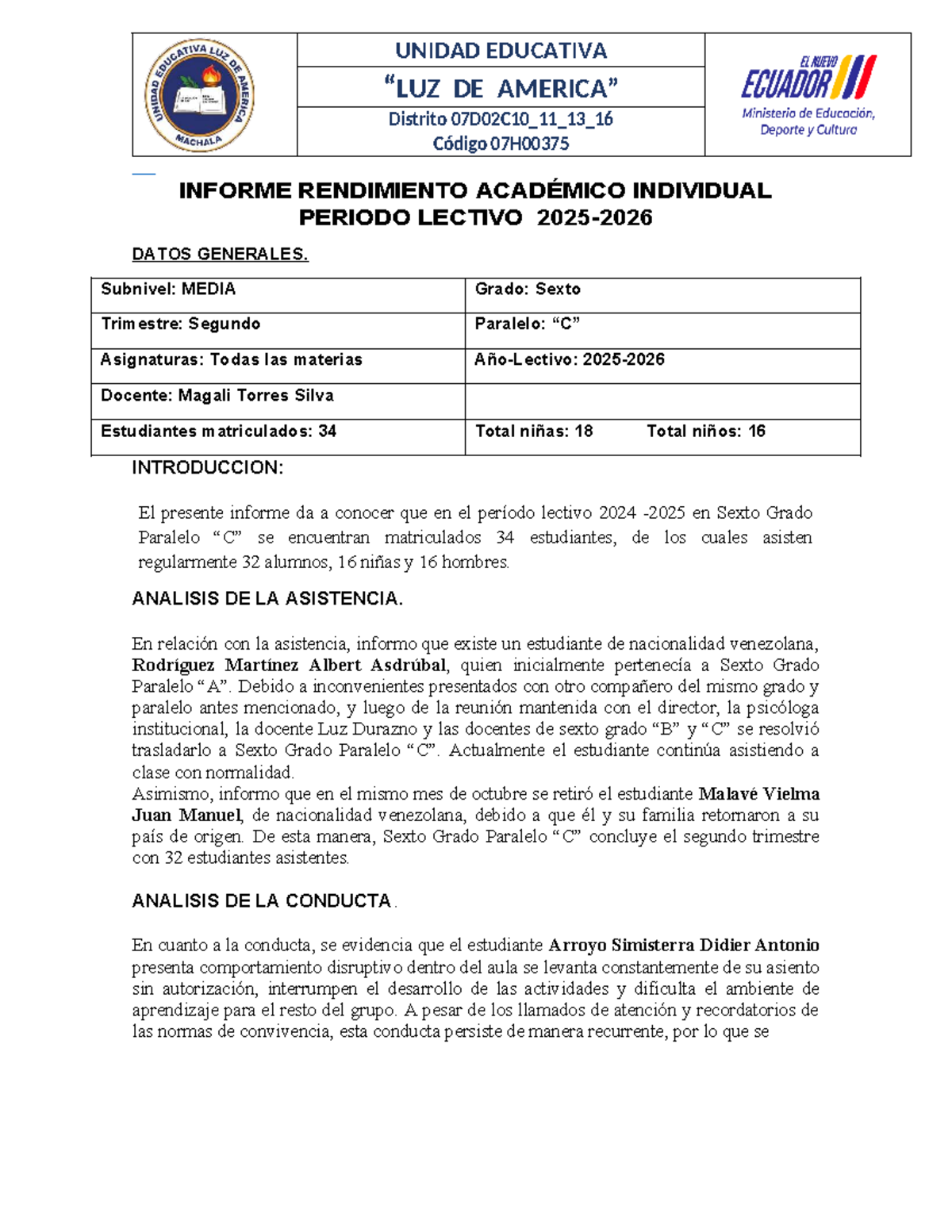 Informe de Rendimiento Académico - Sexto Grado 07H00375 II Trimestre ...