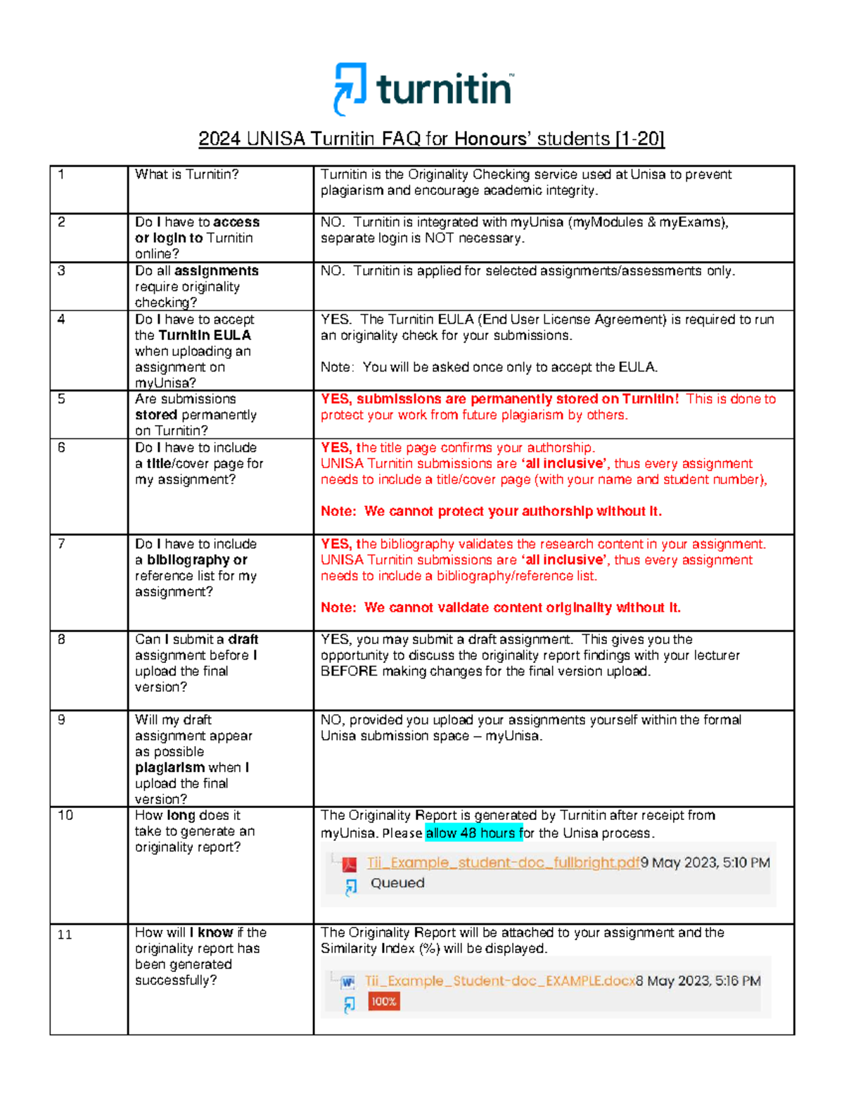 UNISA Honours Turnitin FAQs for 2024: Essential Guidelines - Studocu