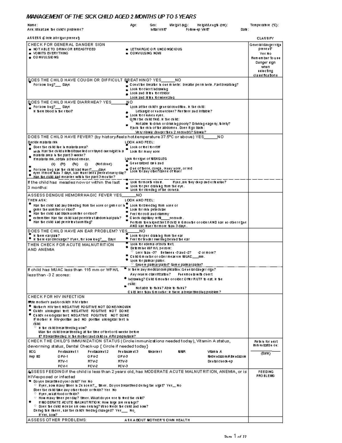 IMCI Form: Management of Sick Children Aged 0-5 Years - Studocu
