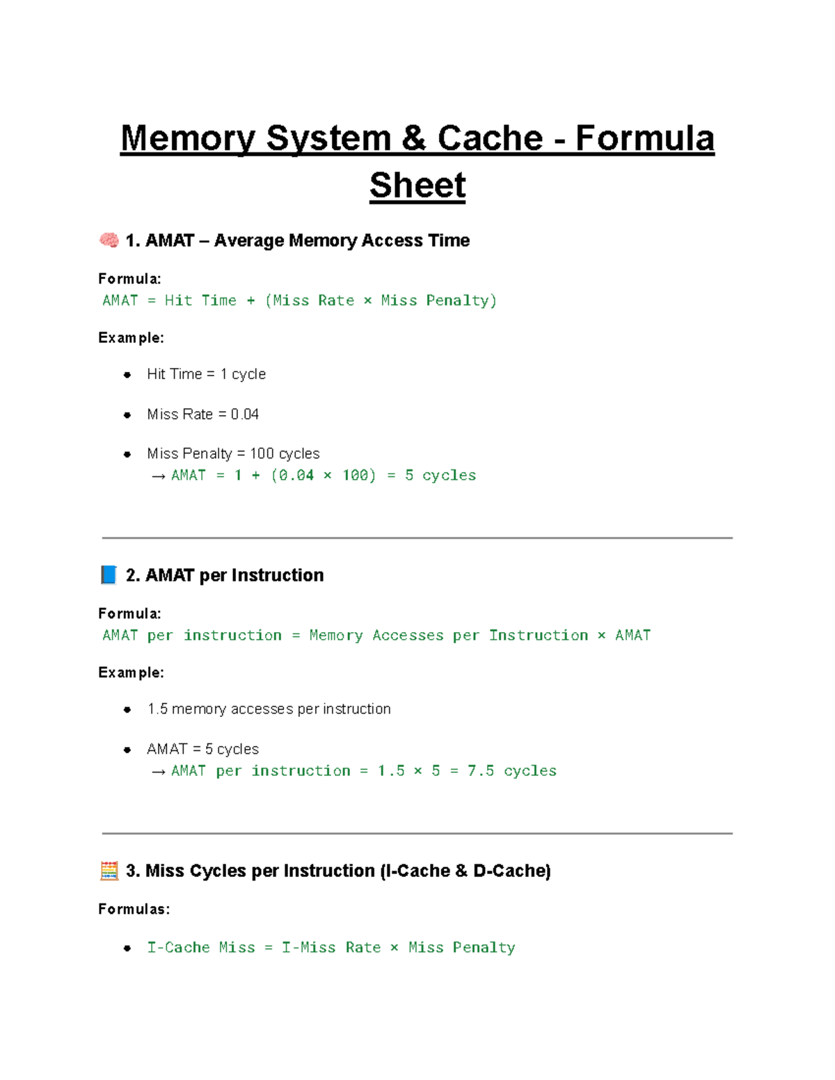 COAL-Memory System & Cache - Formula Sheet for AMAT & CPI - Studocu